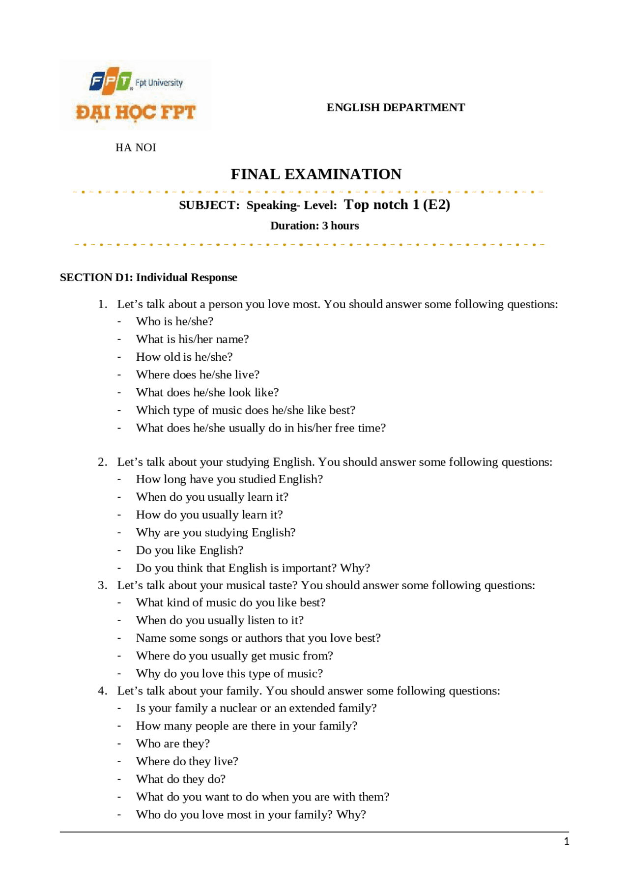 English Department Final Exam: Speaking Level E2 (Top notch 1) Exam ...