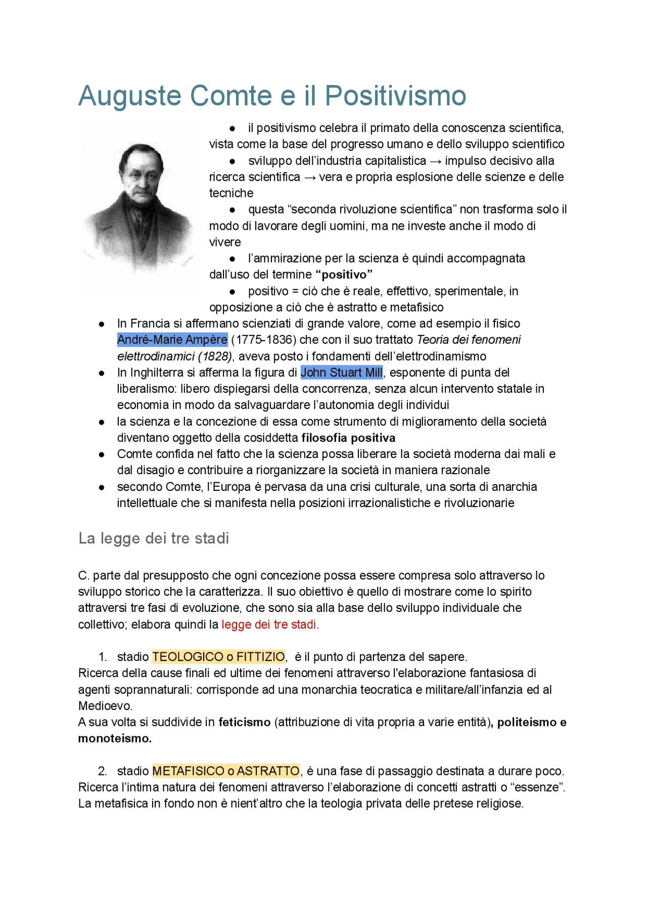 Comte E Il Positivismo Schemi E Mappe Concettuali Di Filosofia Docsity