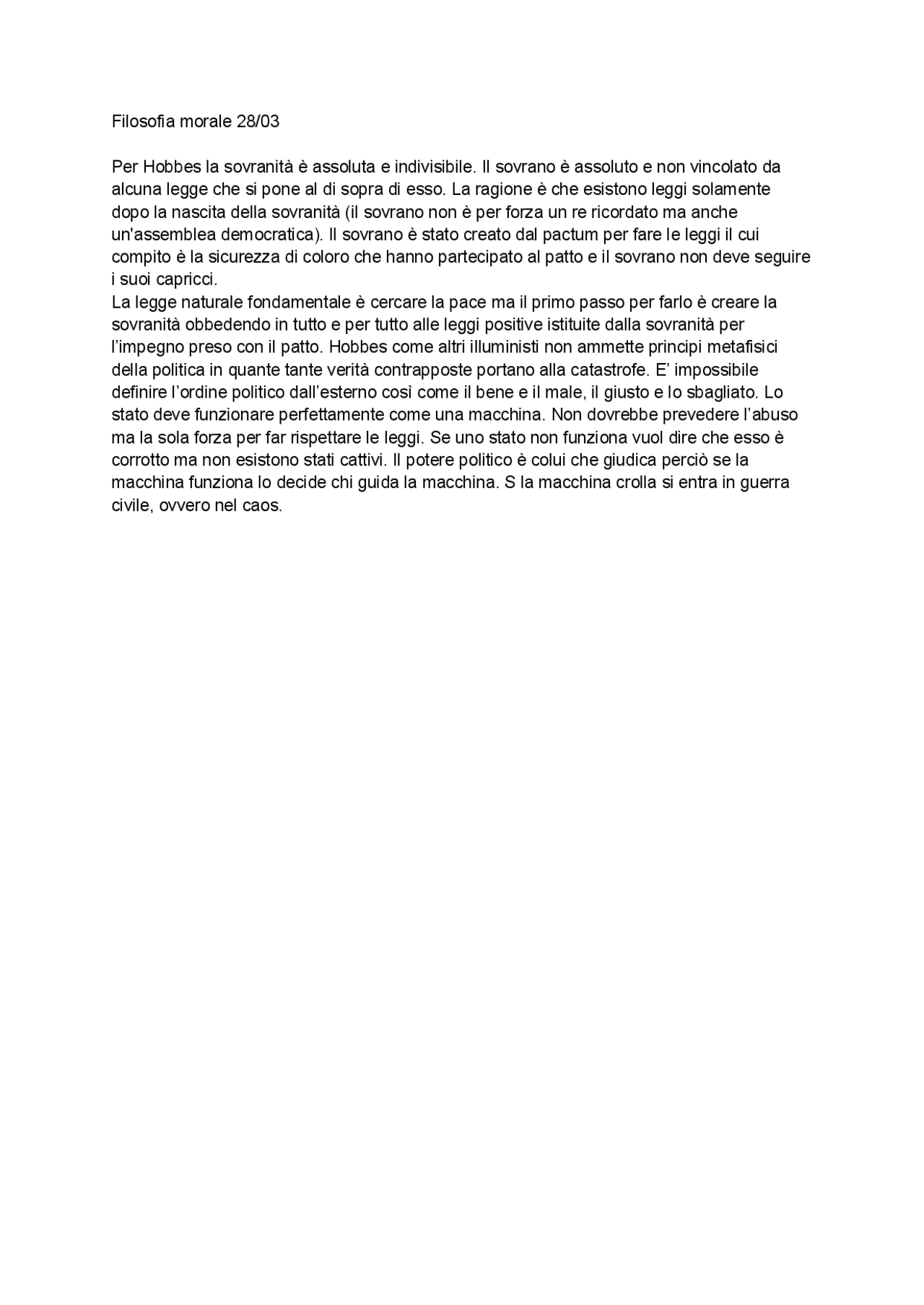 Sovranità Per Hobbes Appunti Di Filosofia Morale Docsity