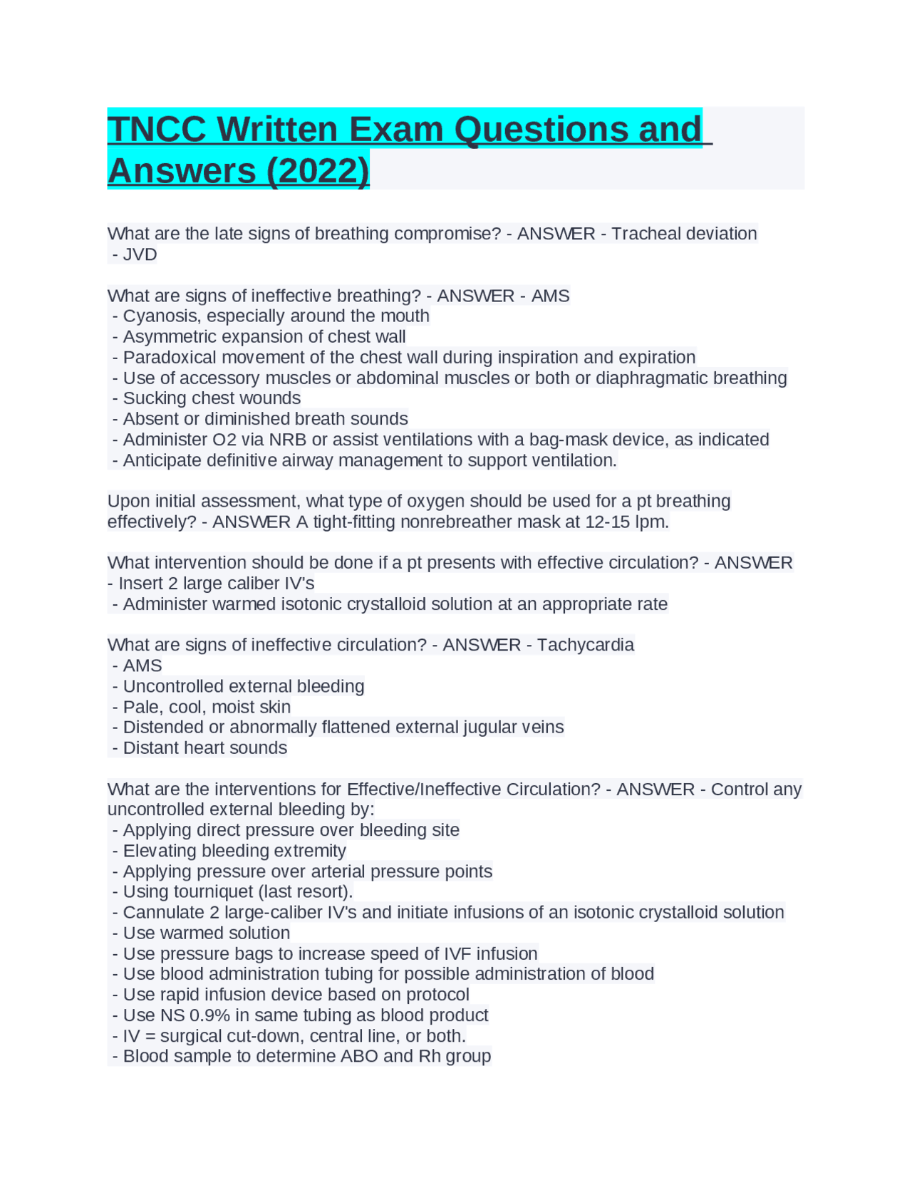 TNCC Written Exam Questions and Answers (2022) | Exams Nursing | Docsity
