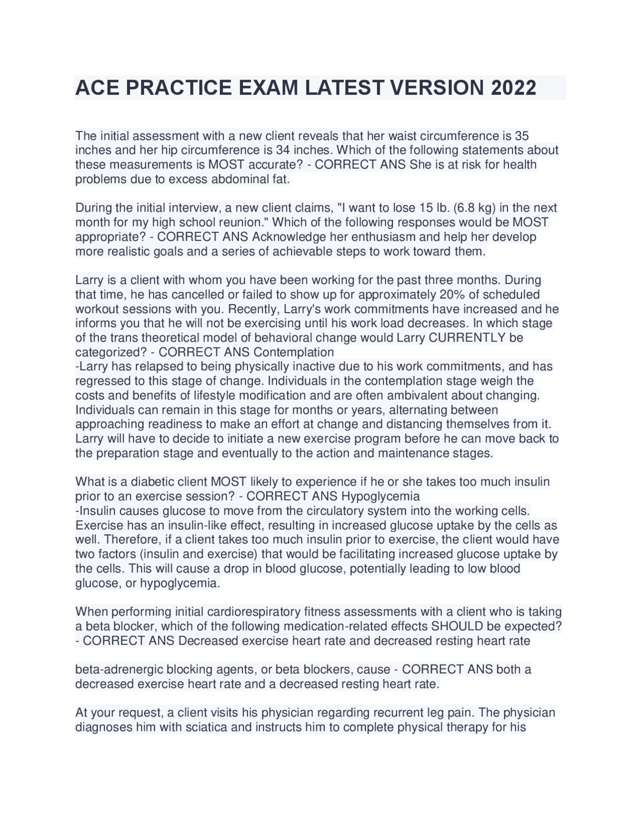 ACE PRACTICE EXAM LATEST VERSION 2022 | Exercises Health sciences | Docsity