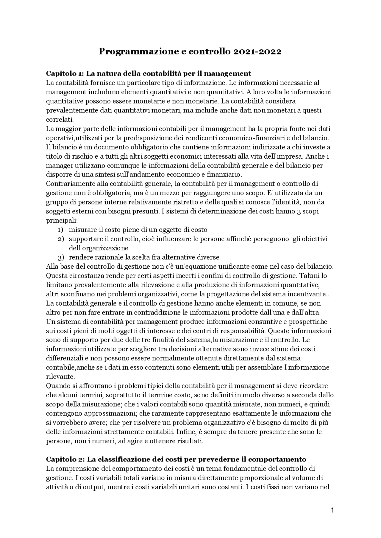 Riassunto libro primi 12 capitoli | Appunti di Programmazione e controllo - Docsity