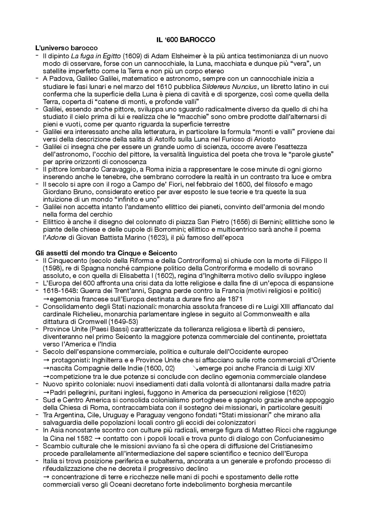 Il '600 Barocco: caratteri fondamentali | Appunti di Italiano - Docsity
