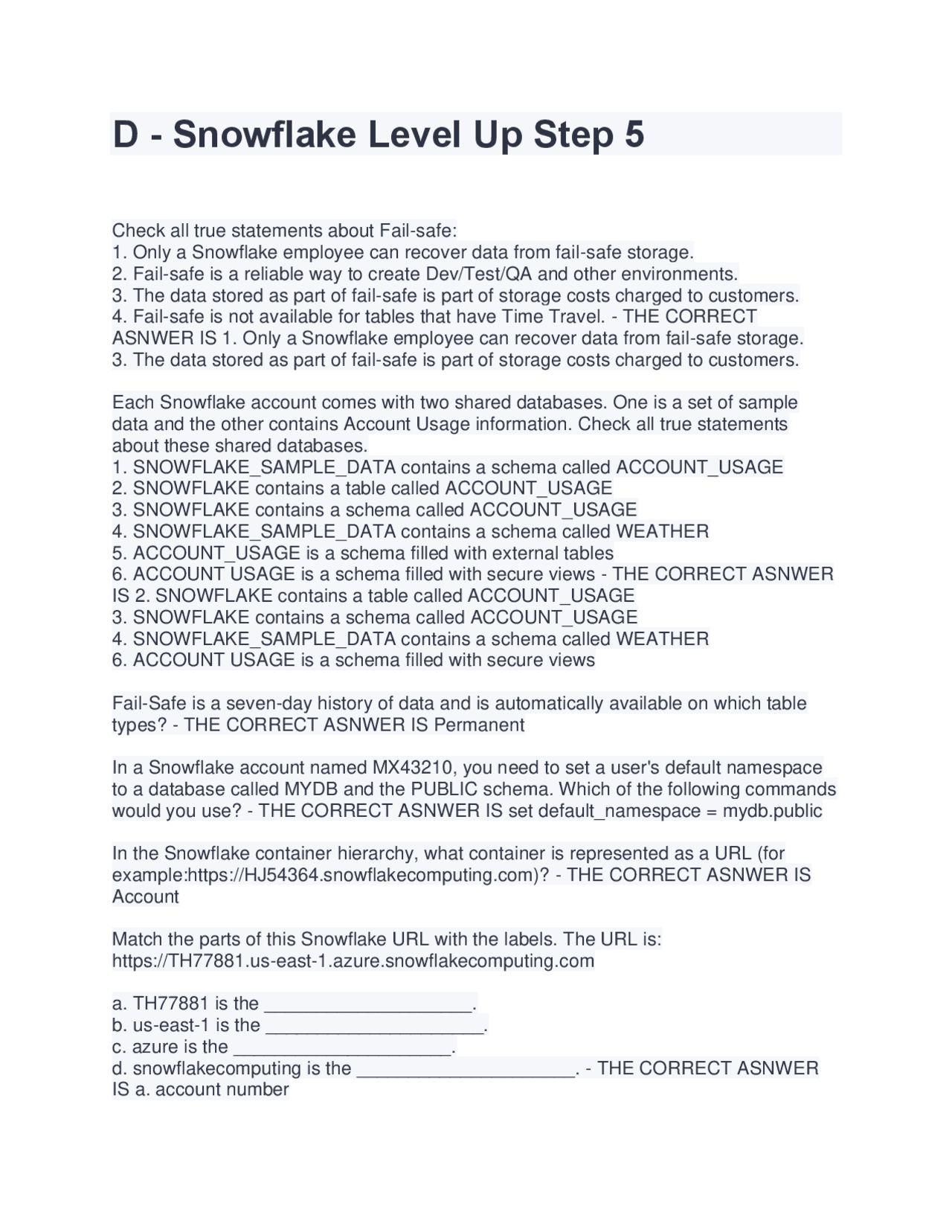 D - Snowflake Level Up Step 5 (Newest 2022/2023) 100% Correct and ...