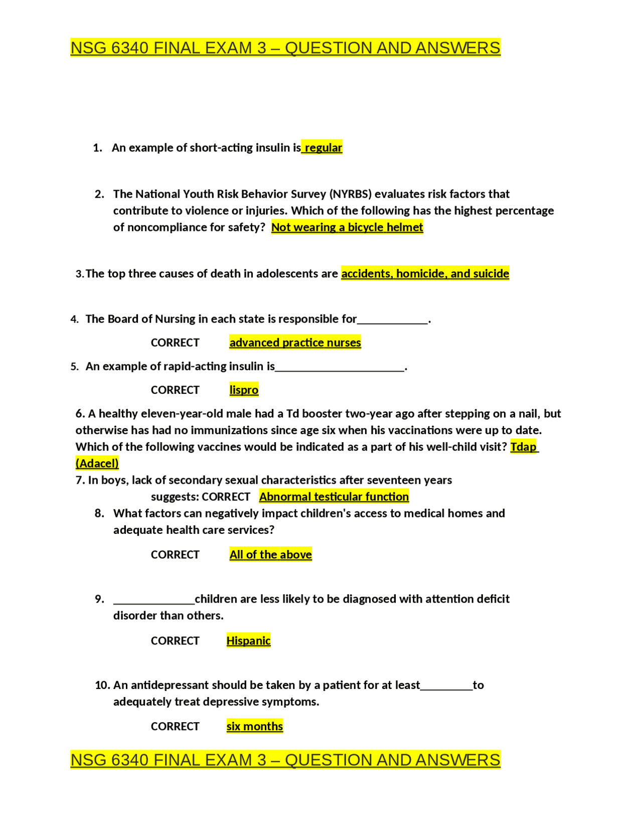 Nsg 6340 Final Exam 3 Question And Answers Exams Nursing Docsity