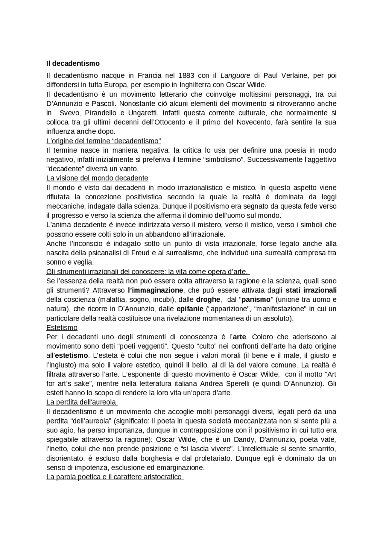 Il Decadentismo E Dannunzio Appunti Di Italiano Docsity