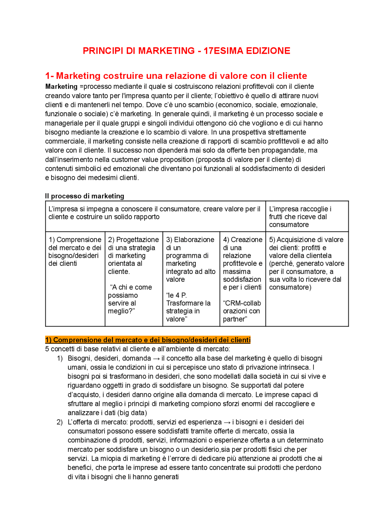 Riassunto libro "PRINCIPI DI MARKETING - 17°esima edizione" | Dispense di Marketing | Docsity