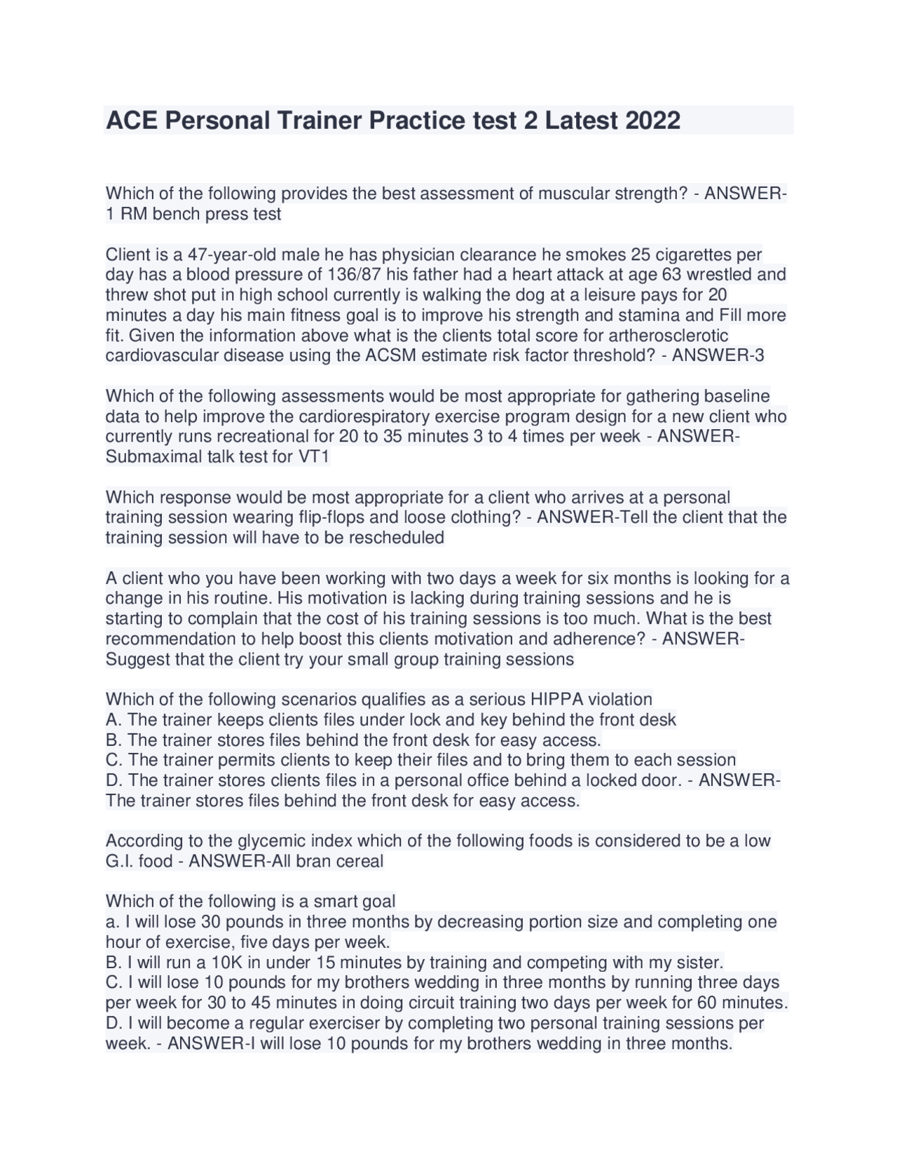 ACE Personal Trainer Practice test 2 Latest 2022 | Exams Nursing | Docsity