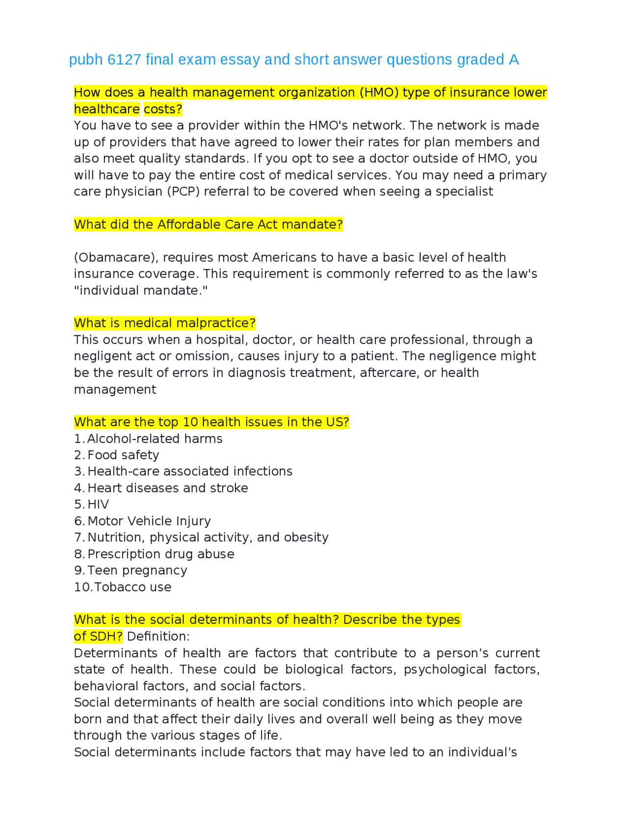 Public Health 6127 Final Exam Essay and Short Answer Questions Graded A | Exams Community Health ...