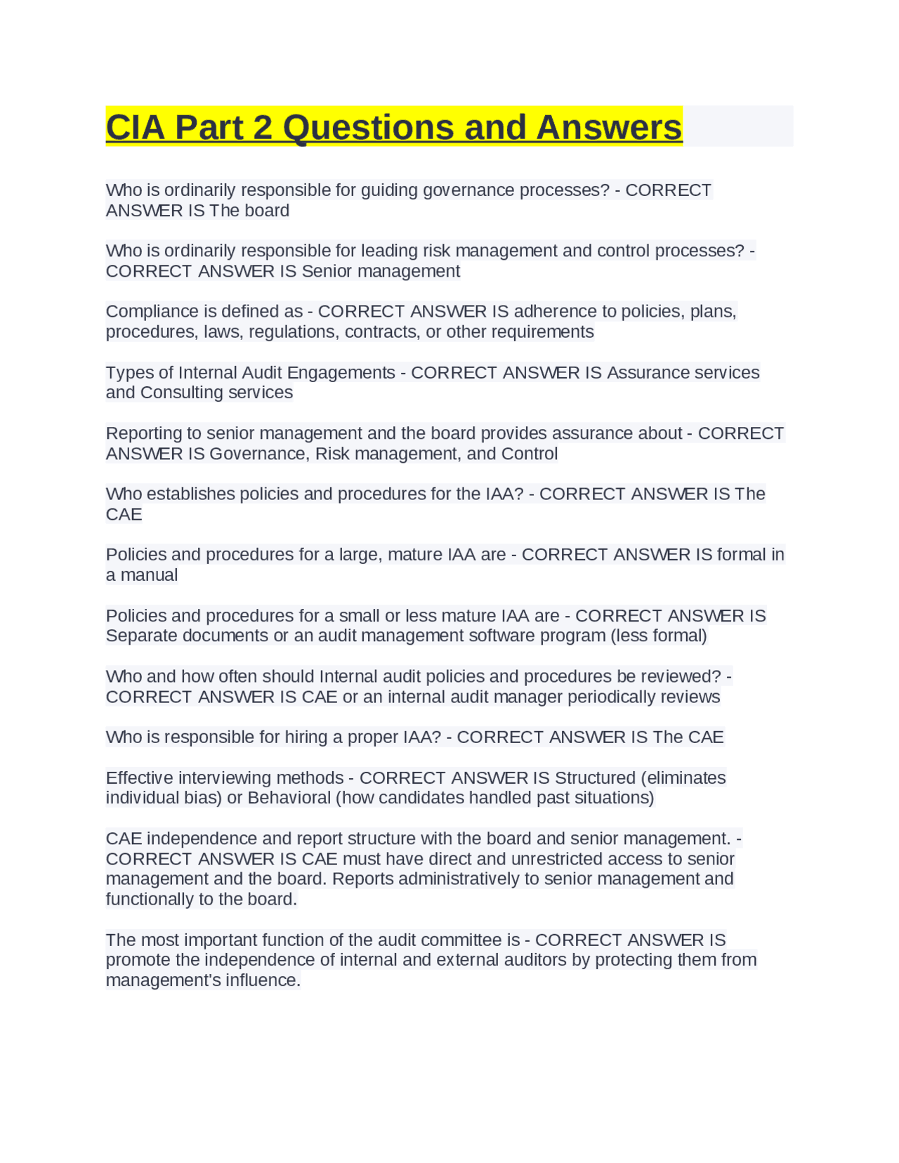Cia Part 2 Questions And Answers Exams Nursing Docsity