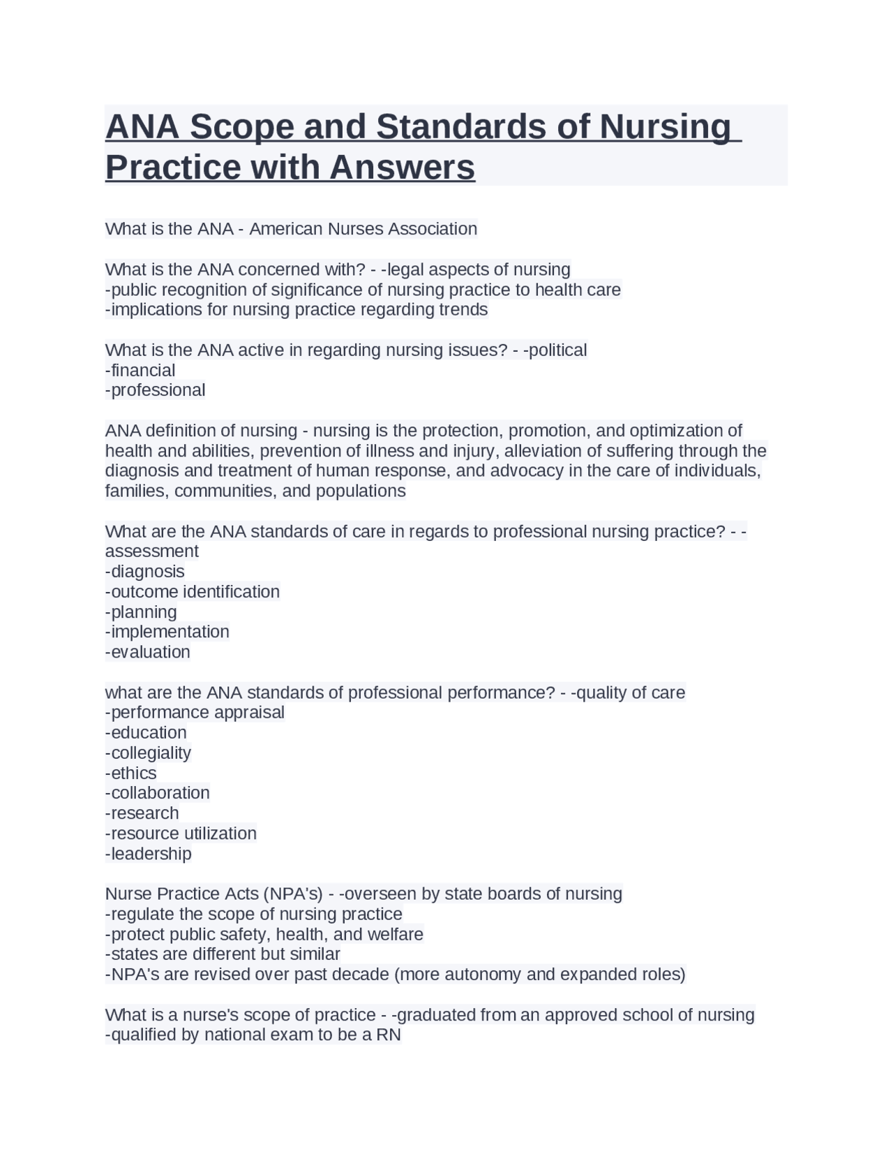 ANA scope and standards Question and Answers. | Exams Nursing | Docsity