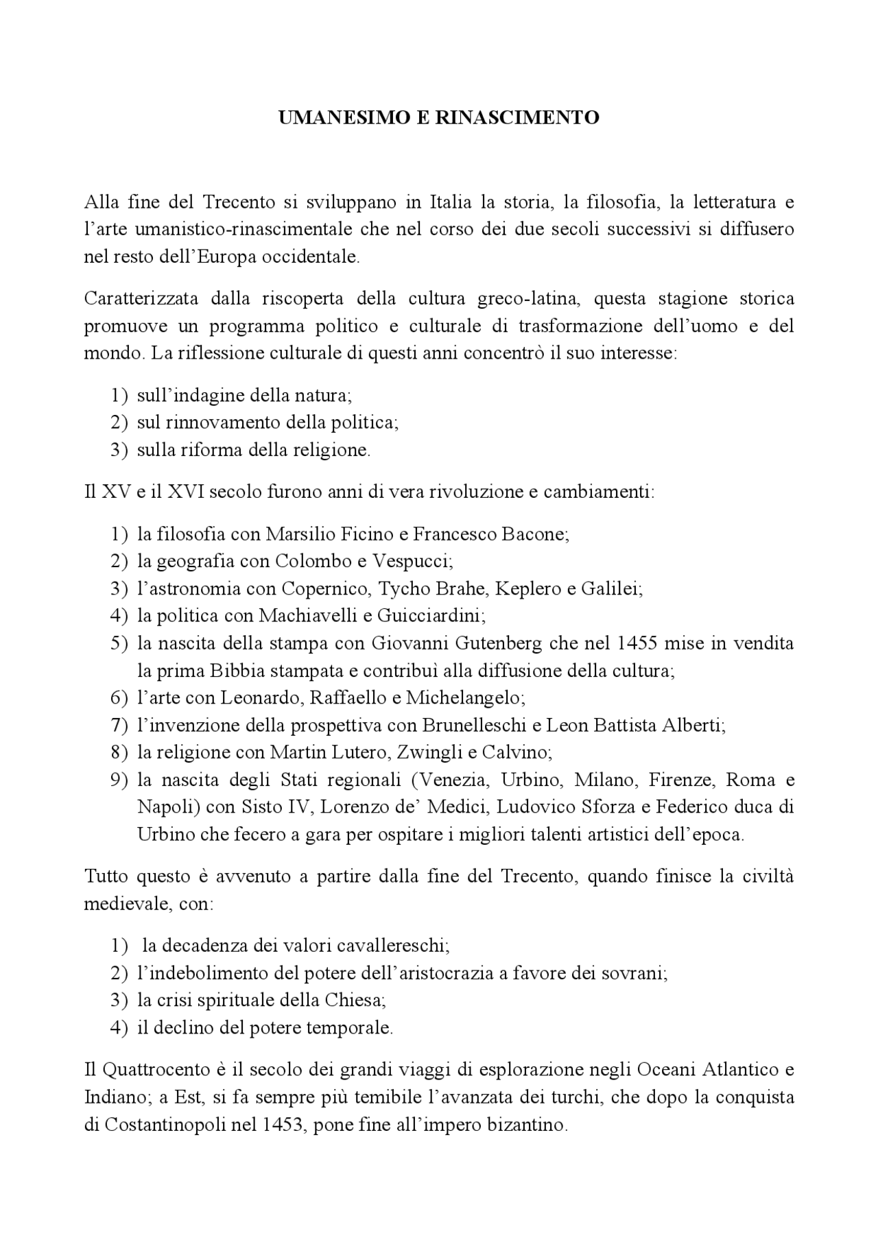 Umanesimo E Rinascimento Appunti Di Storia Docsity