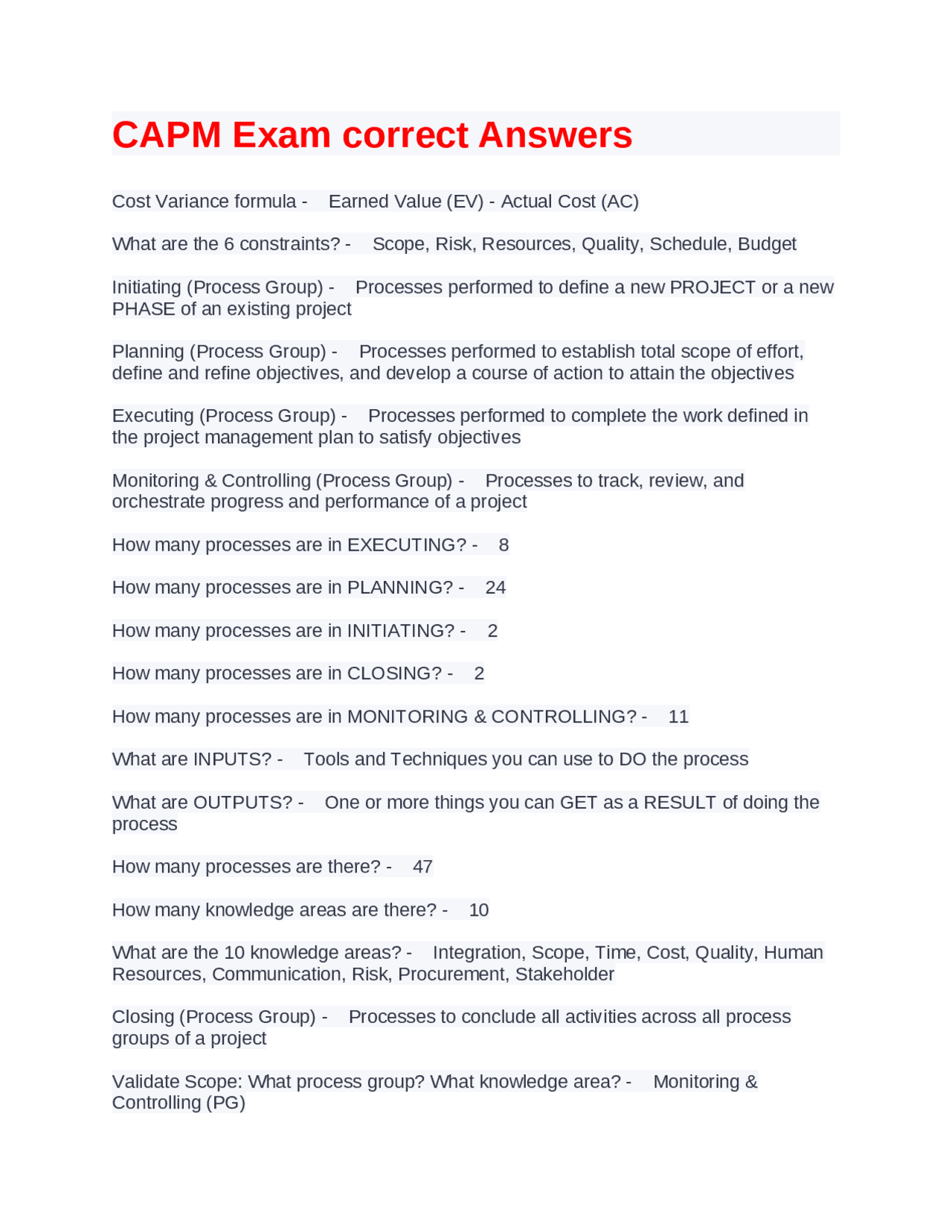 CAPM Exam correct Answers. | Exams Project Management | Docsity