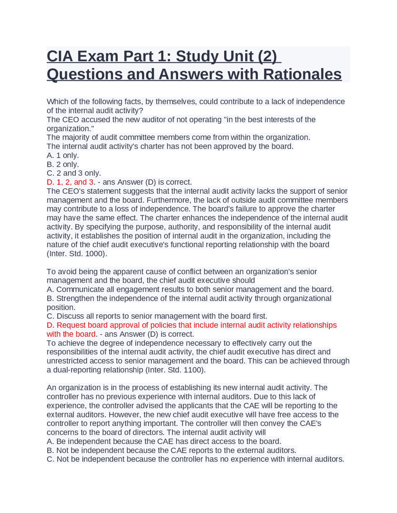 CIA Exam Part 1 Study Unit (2) Questions and Answers with Rationales ...