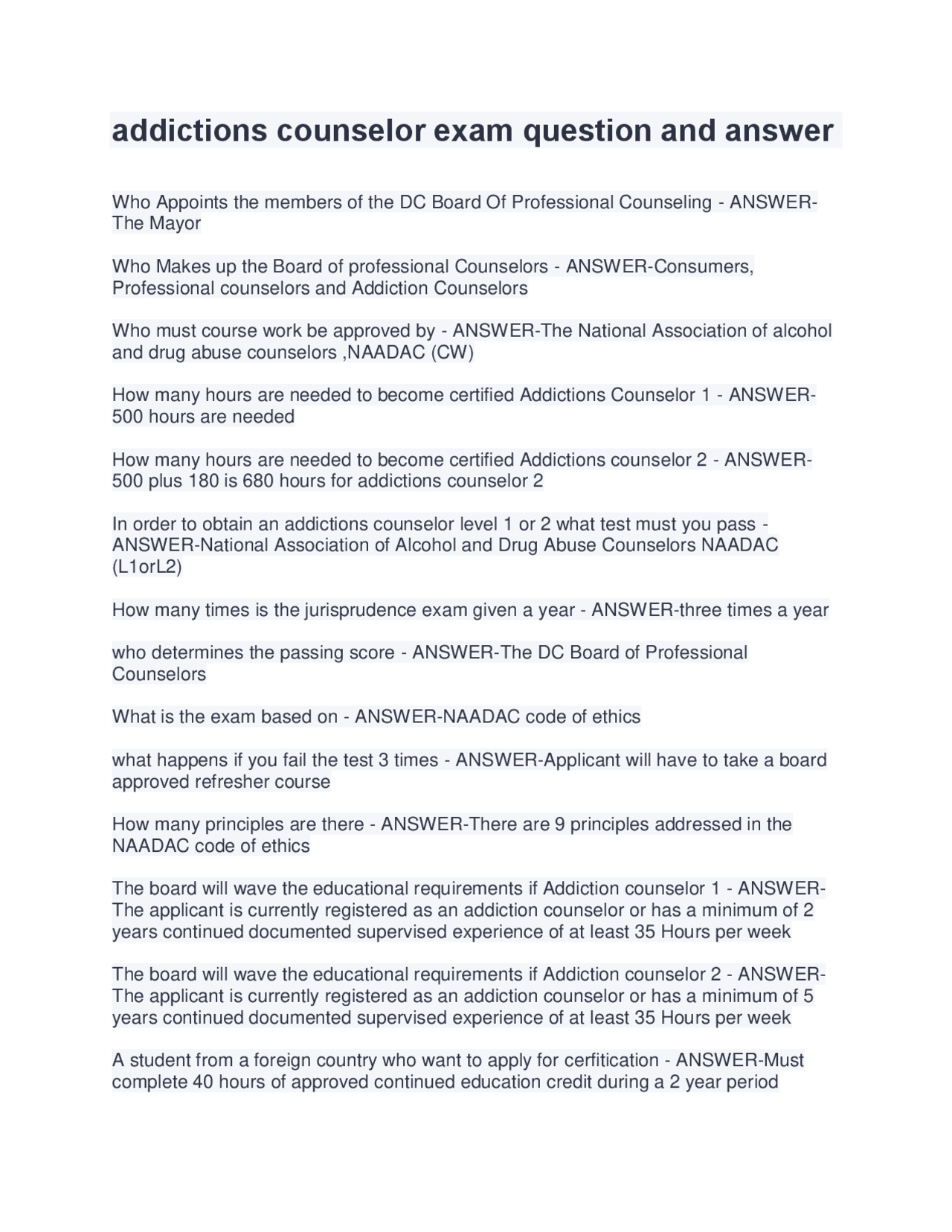 addictions counselor exam question and answer | Exams Psychology | Docsity