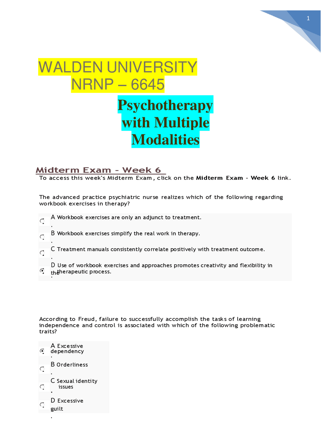 NR 222 psychotherapy with multiple modalities midterm exam week 6 ...