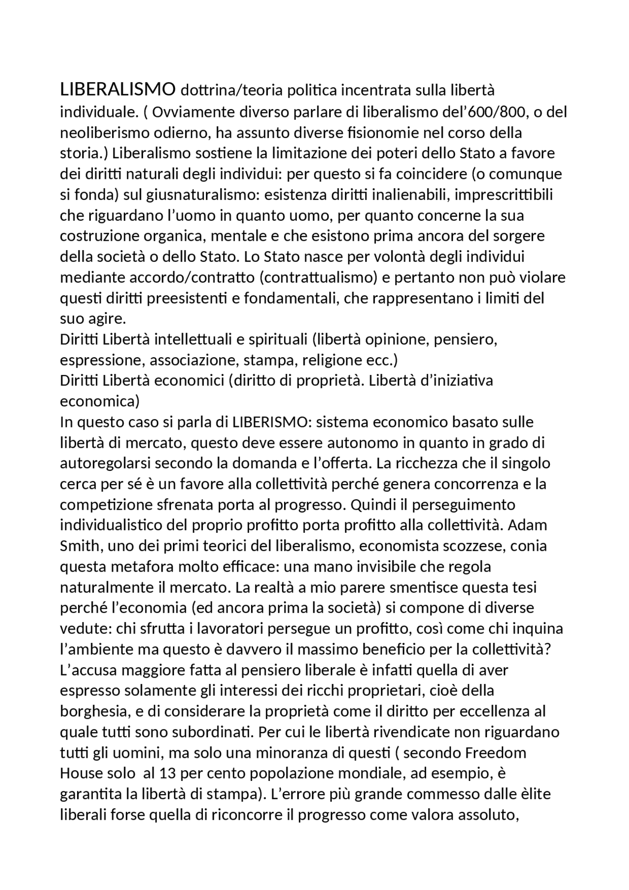 Cos'è il liberalismo | Schemi e mappe concettuali di Storia - Docsity