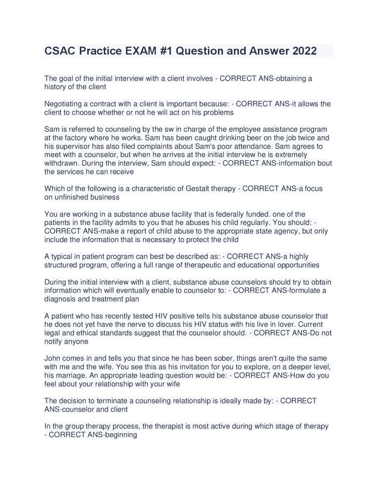 CSAC Practice EXAM #1 Question and Answer 2022 | Exams Psychology | Docsity