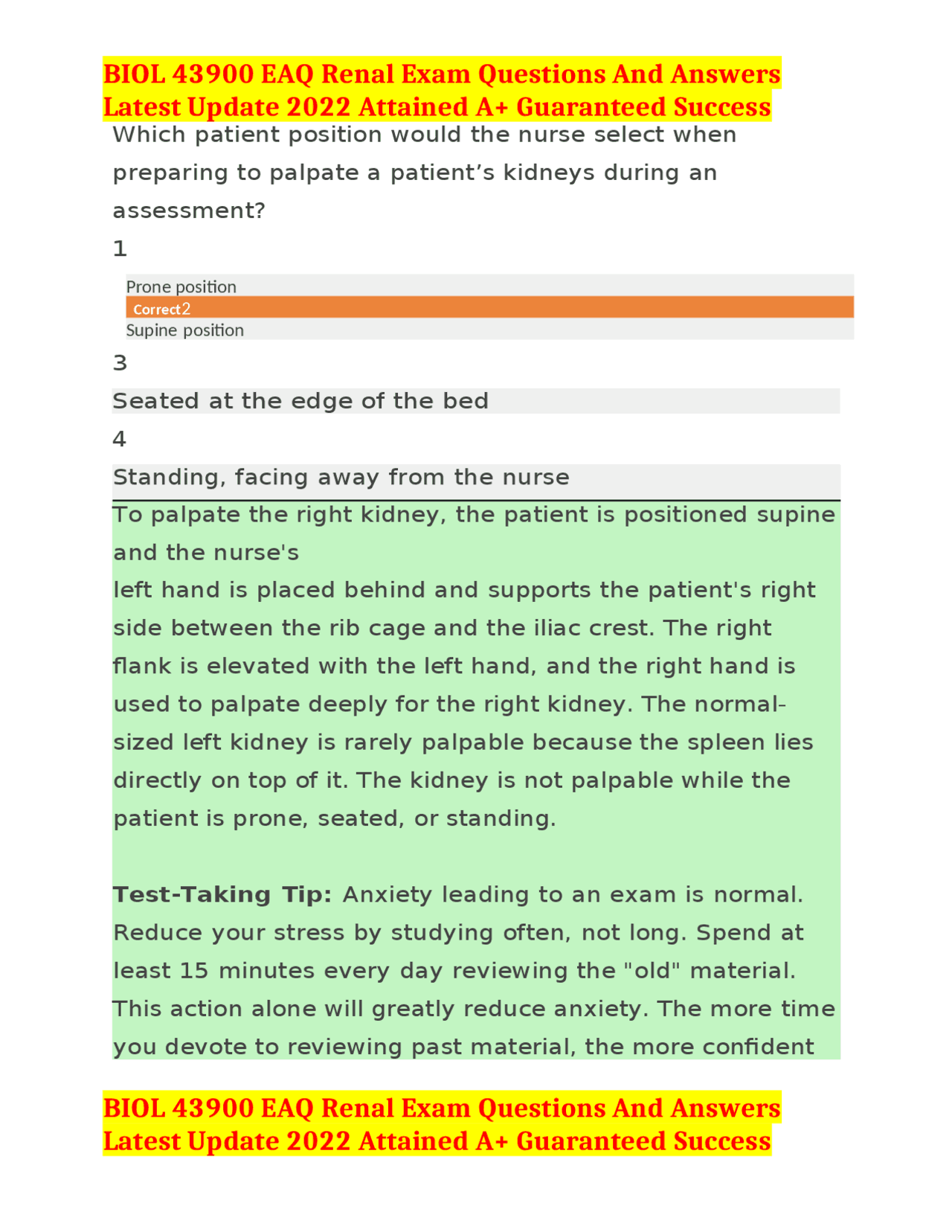 BIOL 43900 EAQ Renal Exam Questions And Answers Latest Update 2022 ...
