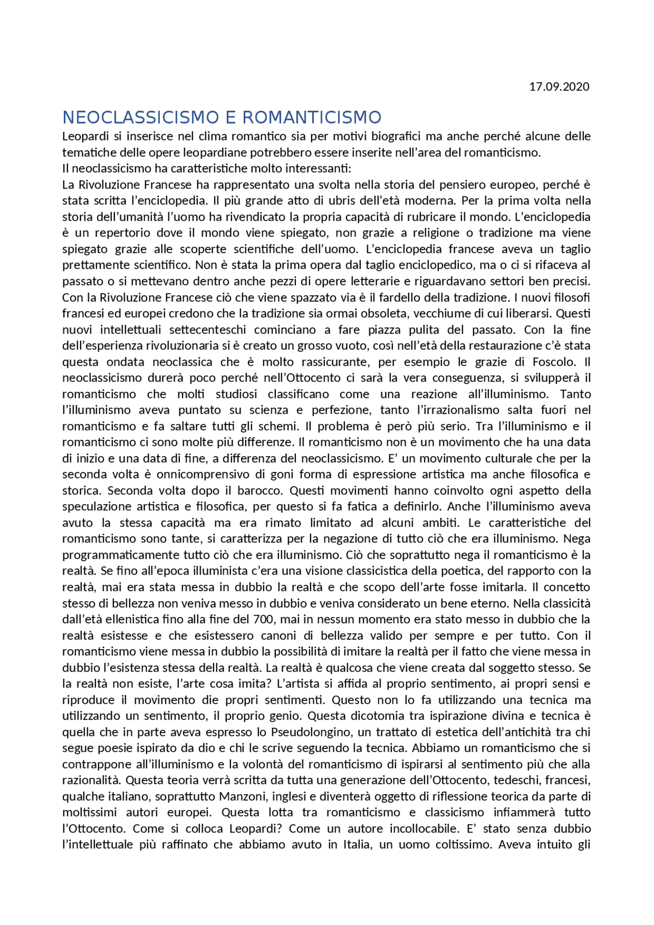 Neoclassicismo e romanticismo; Giacomo Leopardi | Appunti di Italiano | Docsity