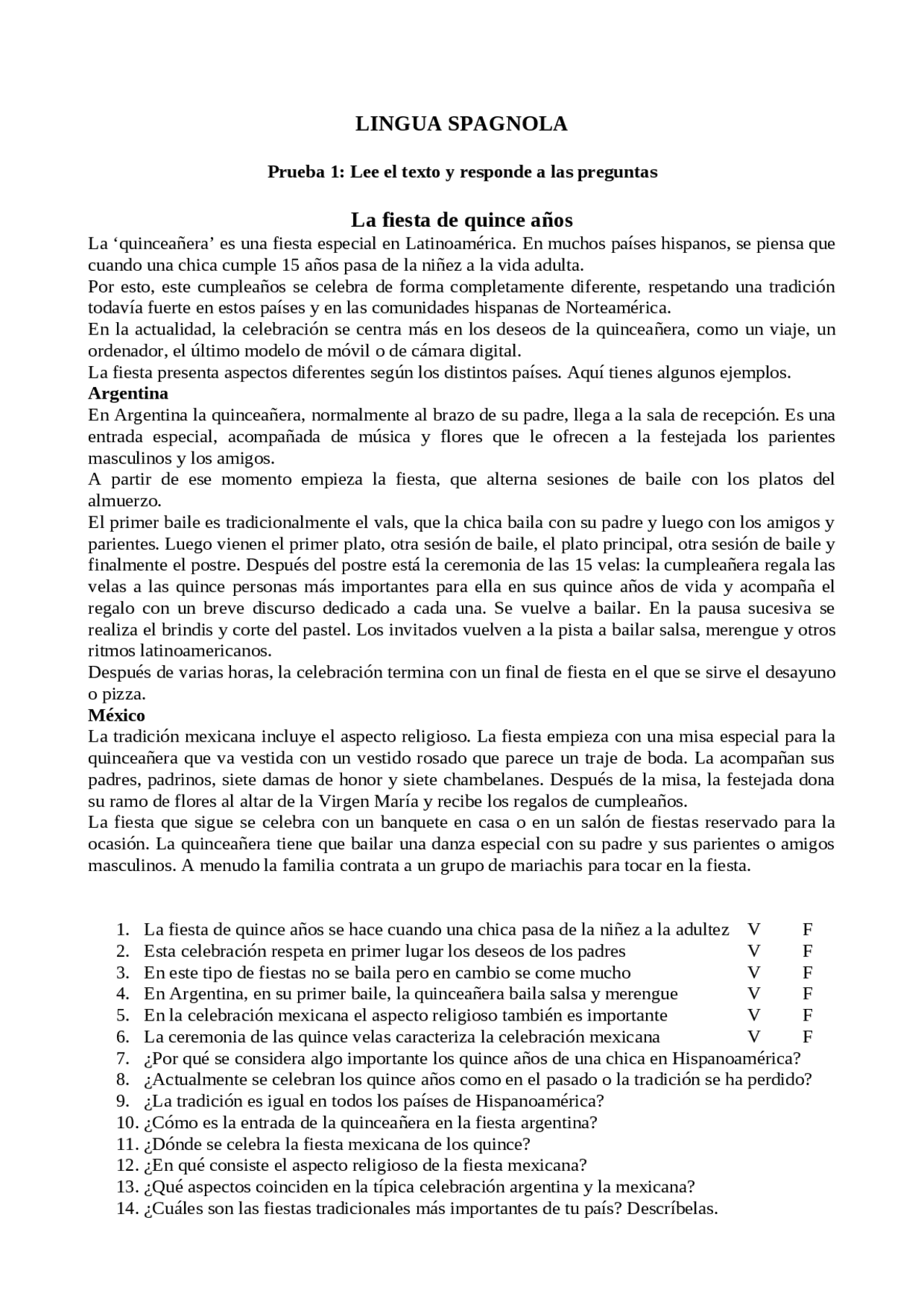 Comprensione Di Spagnolo Prove Desame Di Spagnolo Docsity