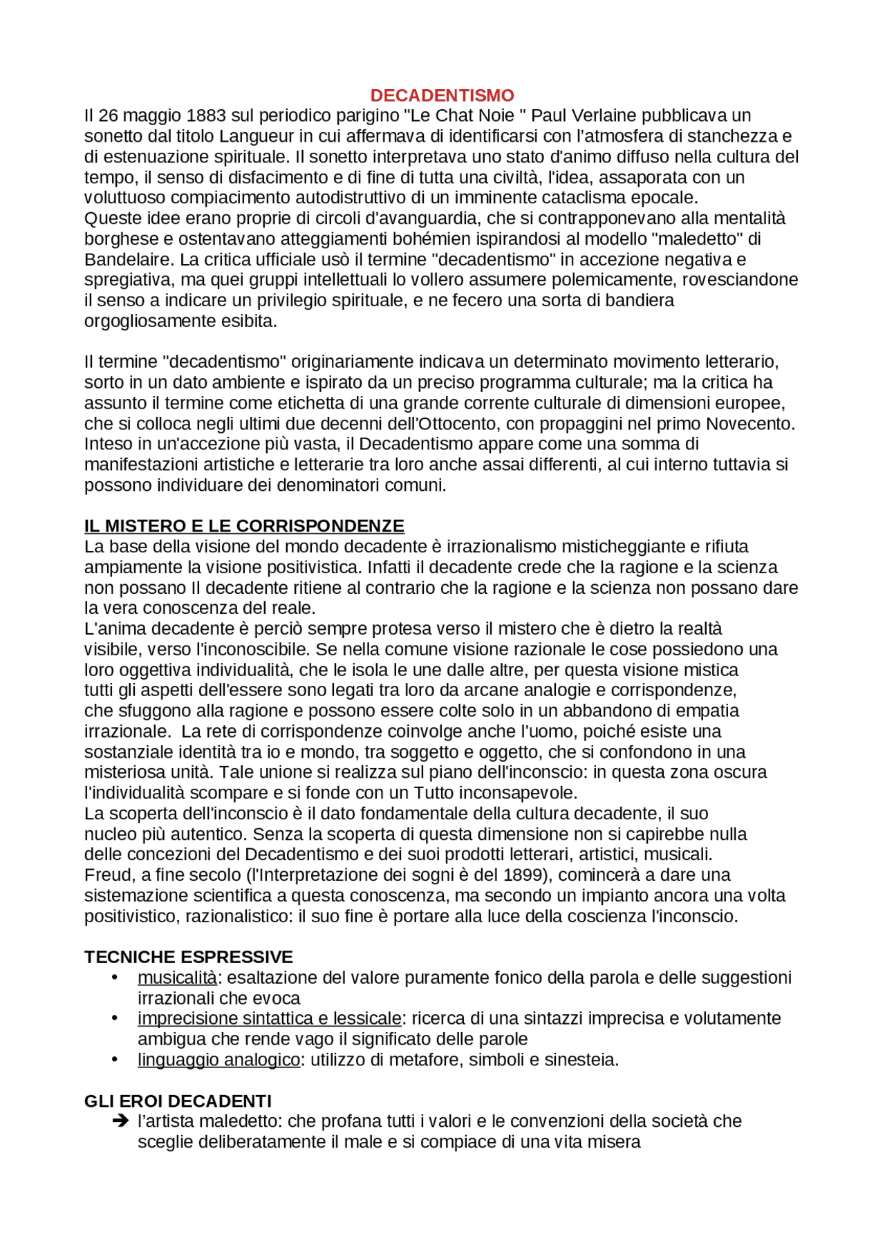 Appunti Sulla Corrente Del Decadentismo Appunti Di Italiano Docsity