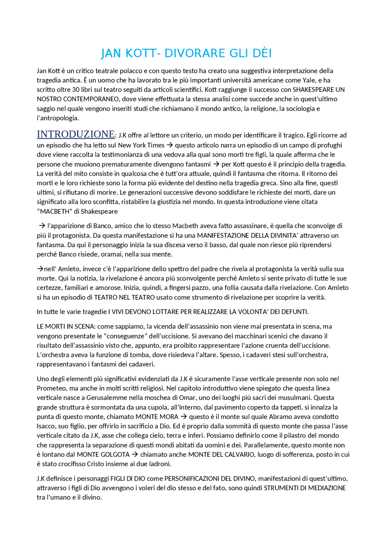 Divorare gli dei - Jan Kott | Appunti di Drammaturgia - Docsity