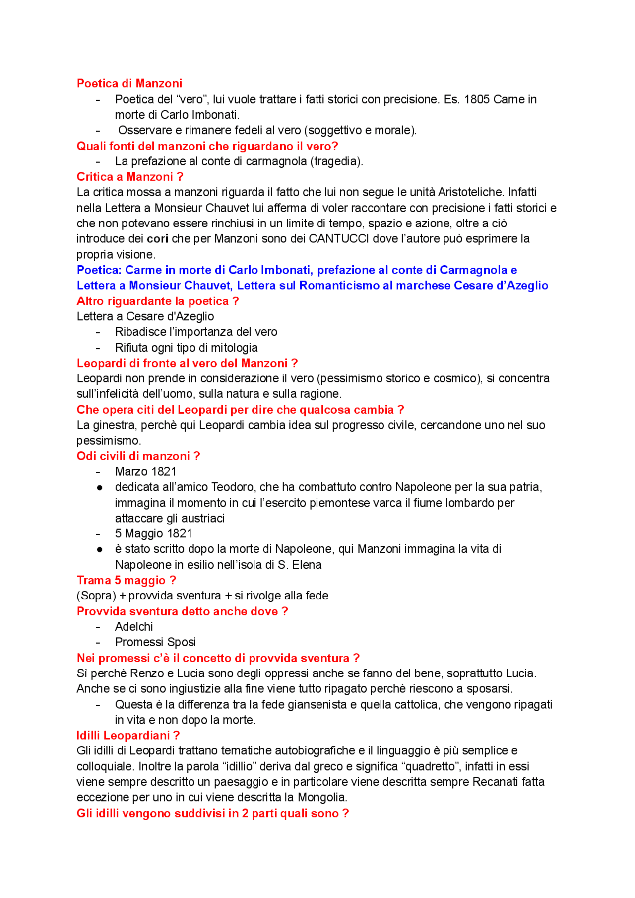 Questionario (con annesse risposte) su Leopardi e Manzoni | Esercizi di ...