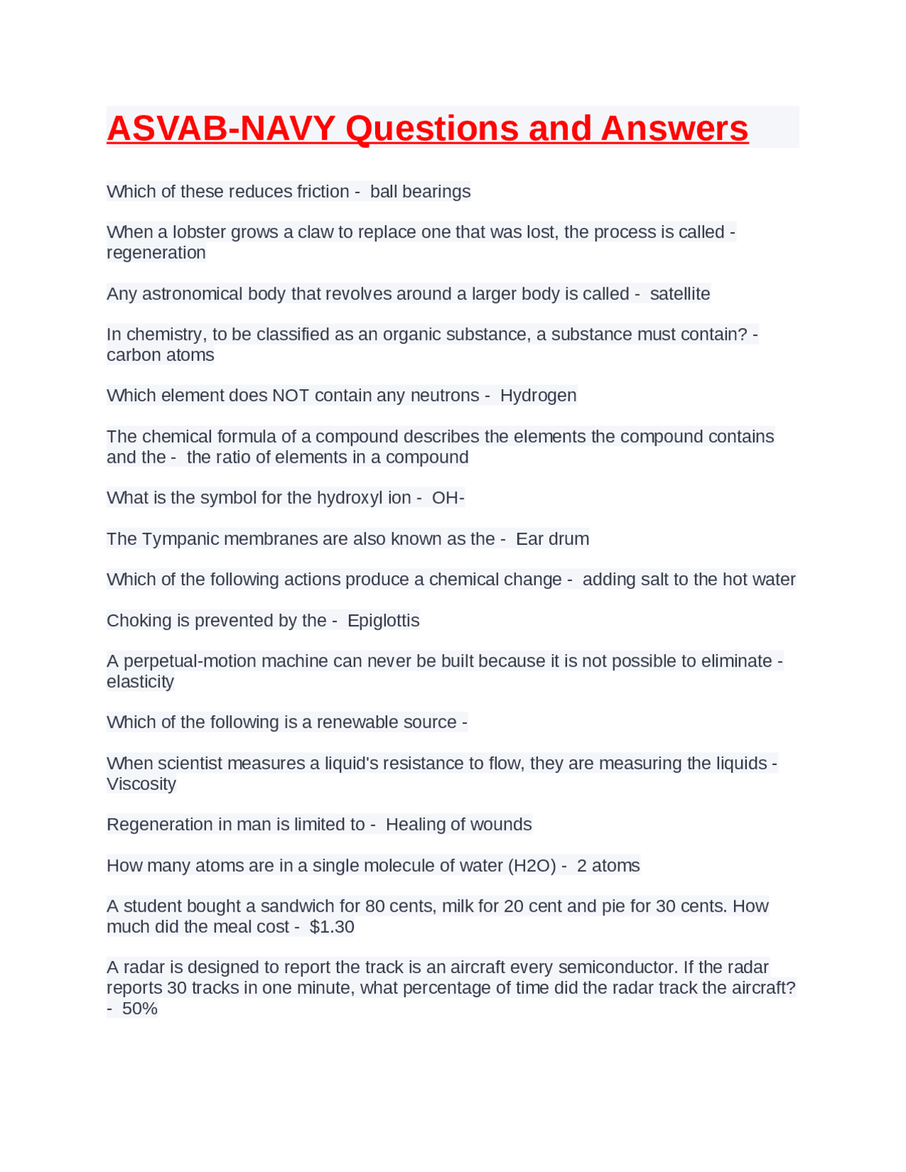 ASVAB-NAVY Questions and Answers | Exams Nursing | Docsity