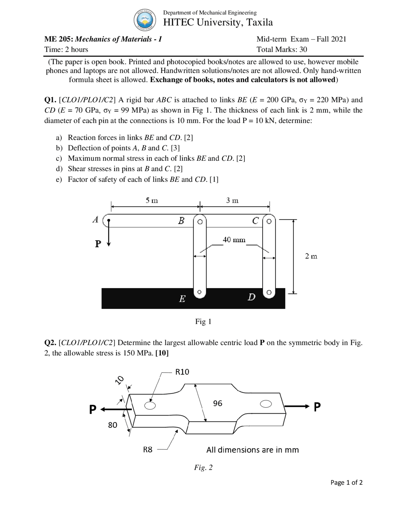 Mechanics of Materials Beer Johnston 7th Edition Mid Term Exam Hitec ...