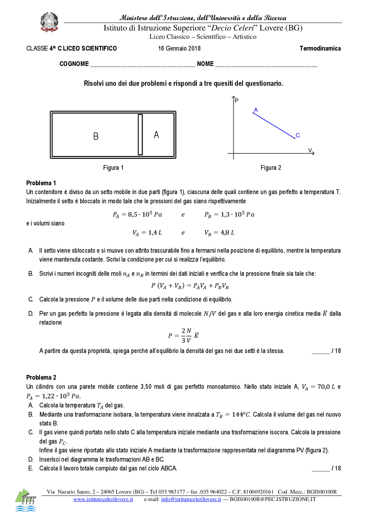Termodinamica esercizi | Esercizi di Fisica - Docsity