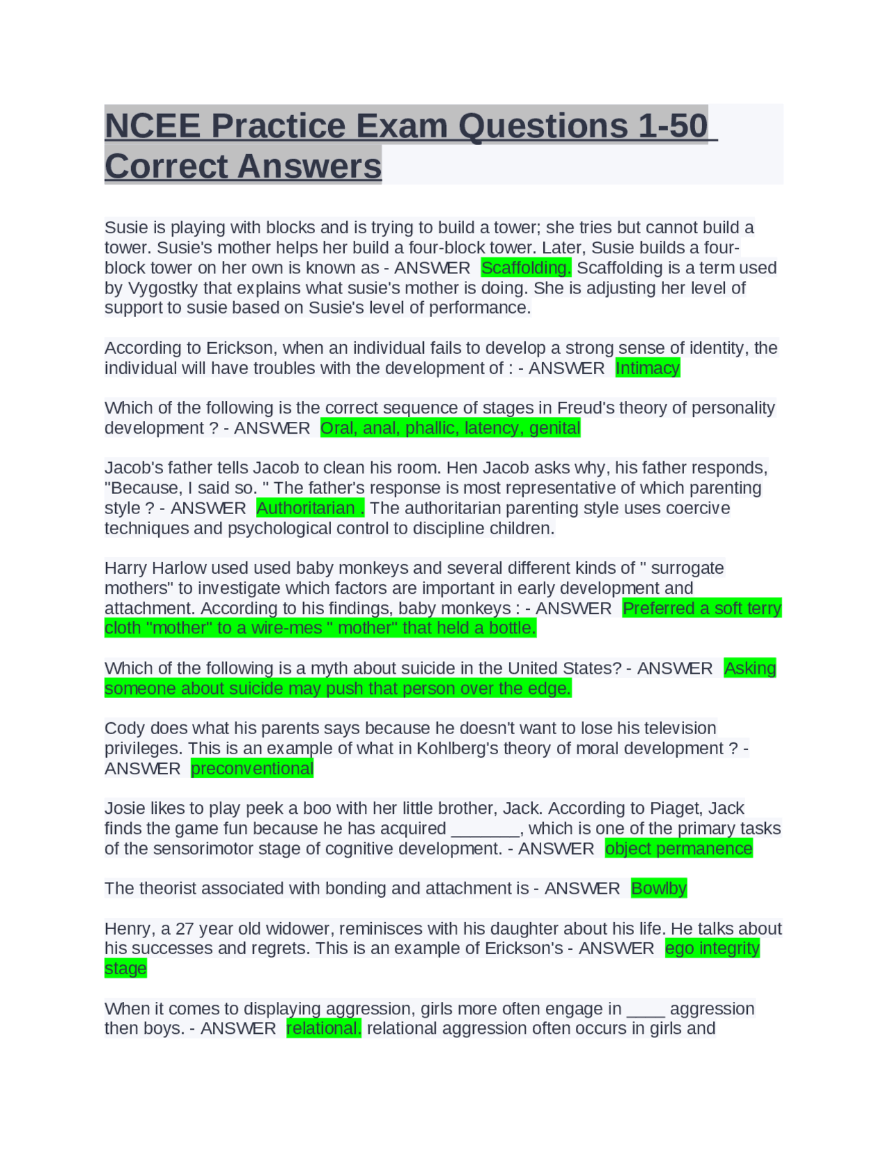 NCEE Practice Exam Questions 1-50 Correct Answers | Exams Nursing | Docsity