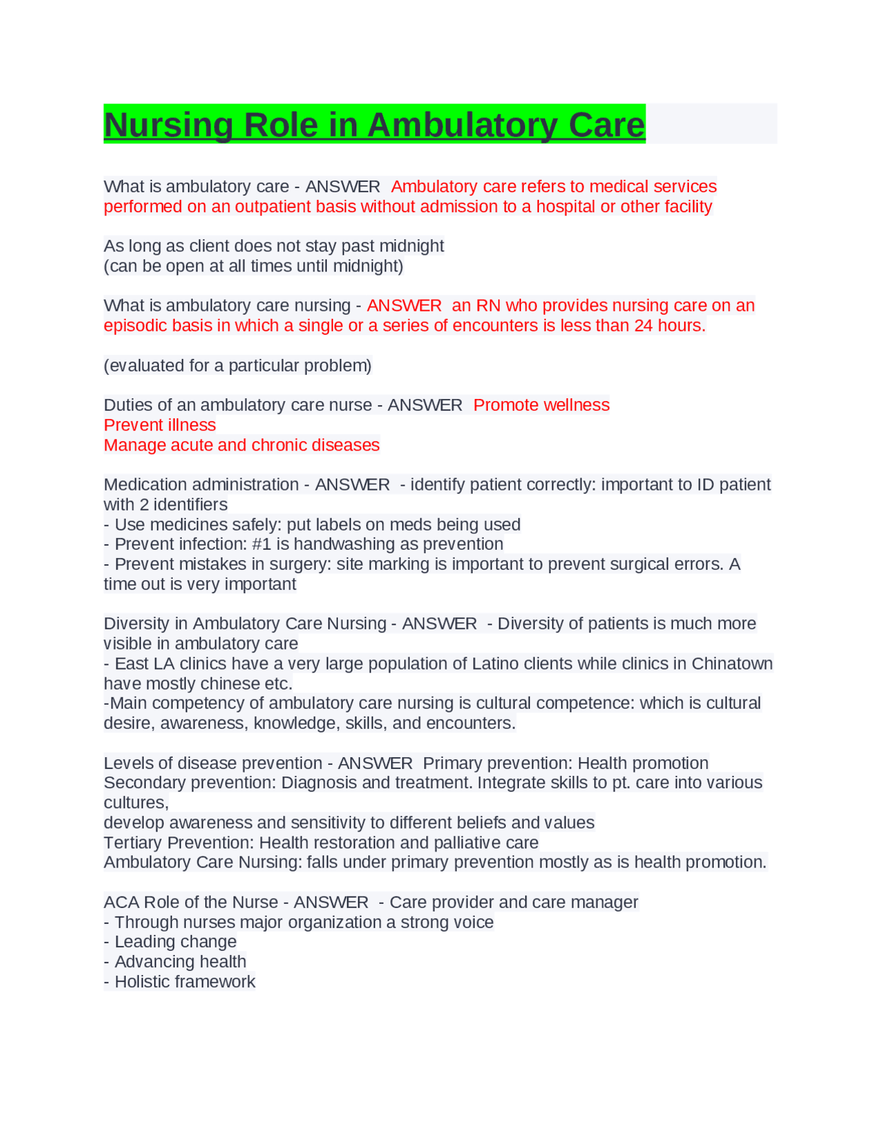 Nursing Role in Ambulatory Care | Exams Nursing | Docsity