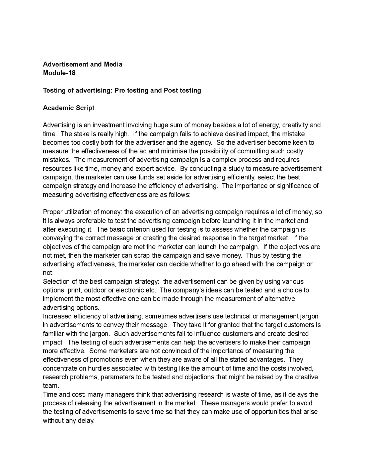 Testing In Advertising Pre Testing And Post Testing Lecture Notes