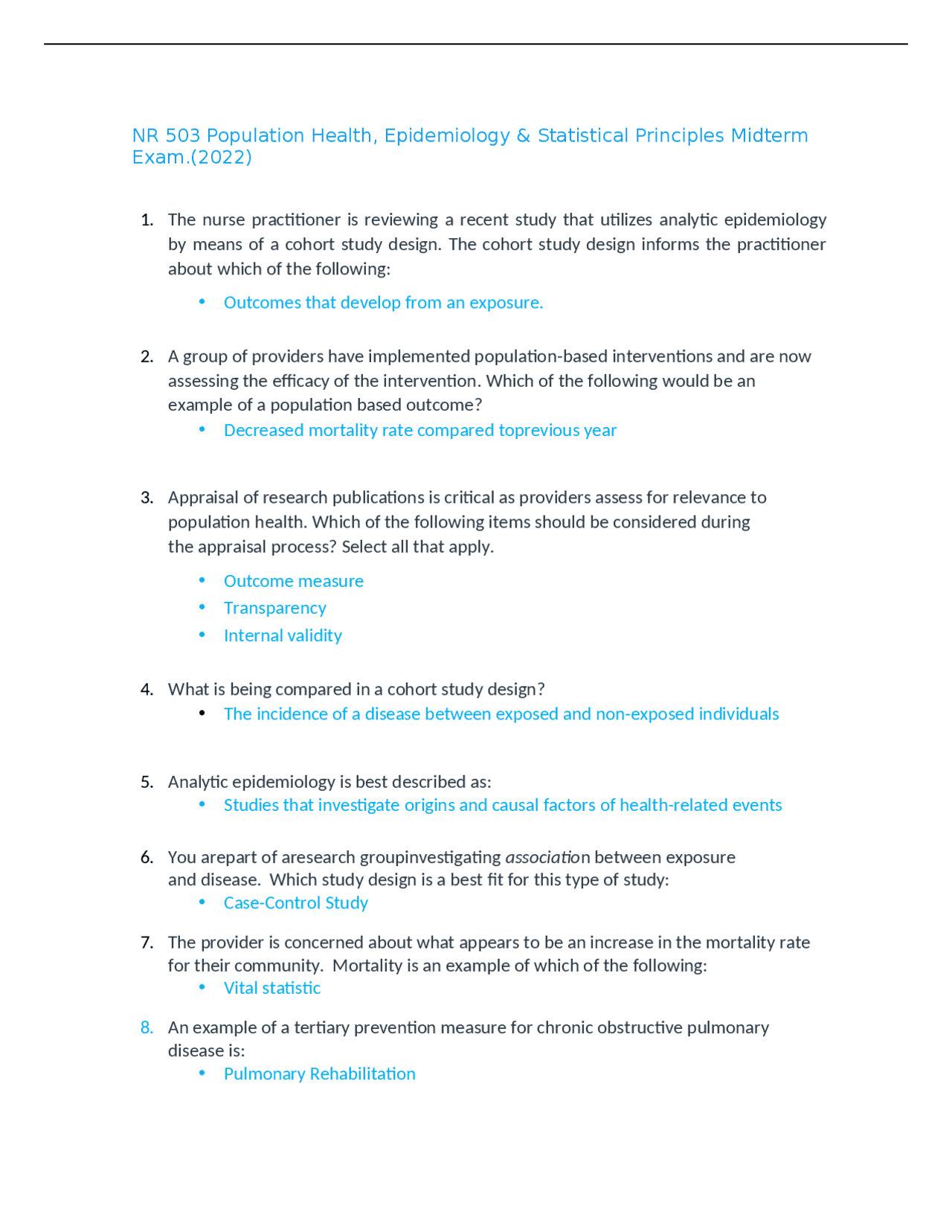 NR 503 Population Health, Epidemiology & Statistical Principles Midterm Exam.(2022) | Exams ...
