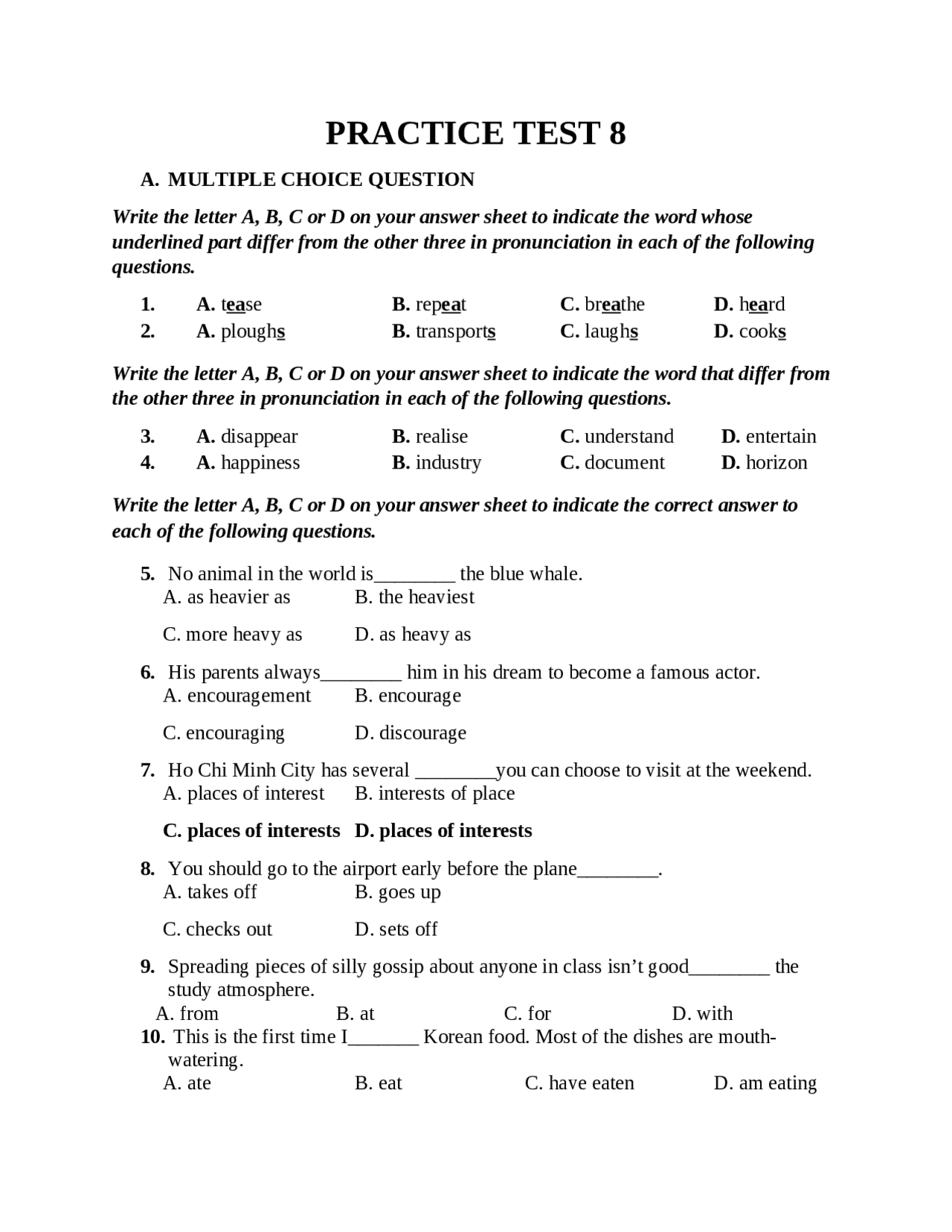 English Language Skills Practice Test: Multiple Choice & Sentence ...