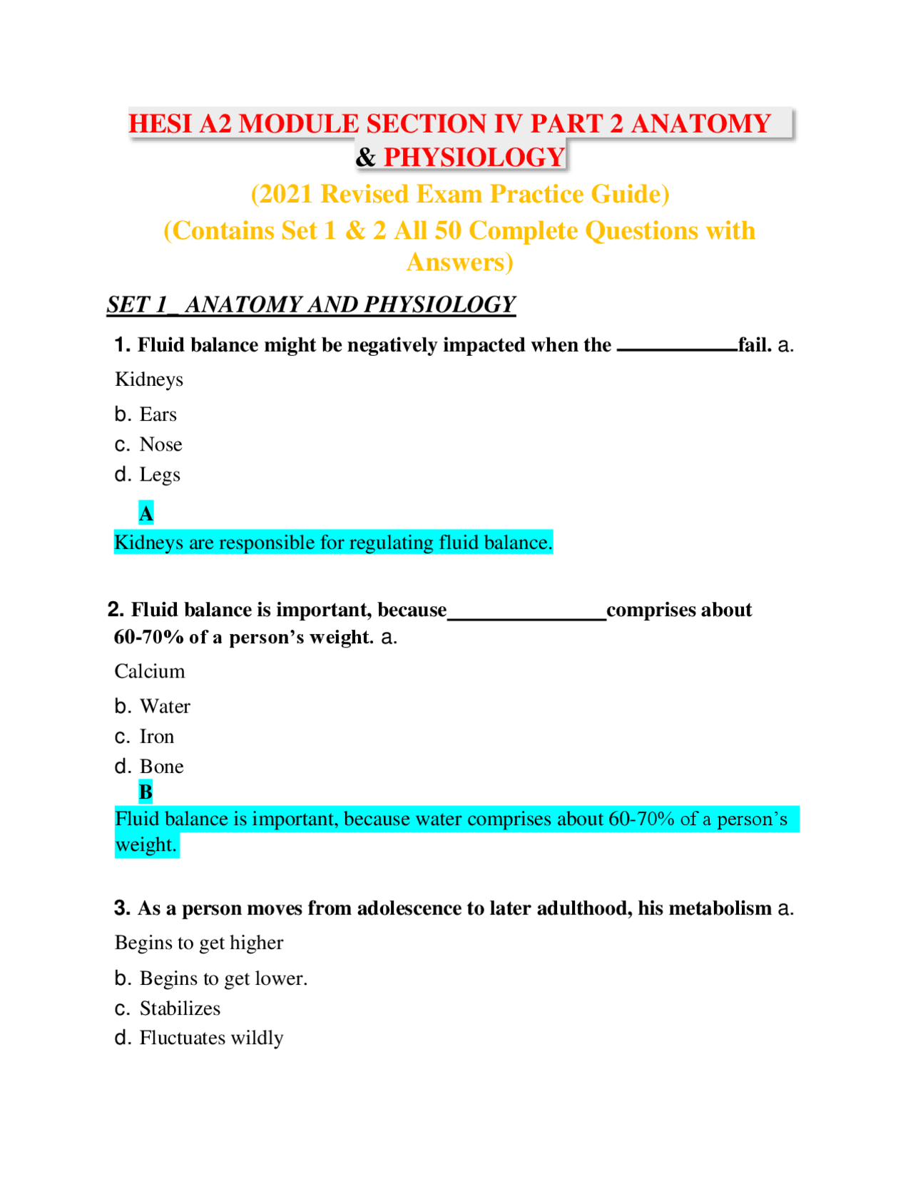 HESI A2 MODULE SECTIONS IV PART TWO- ANATOMY AND PHYSIOLOGY | Exams ...