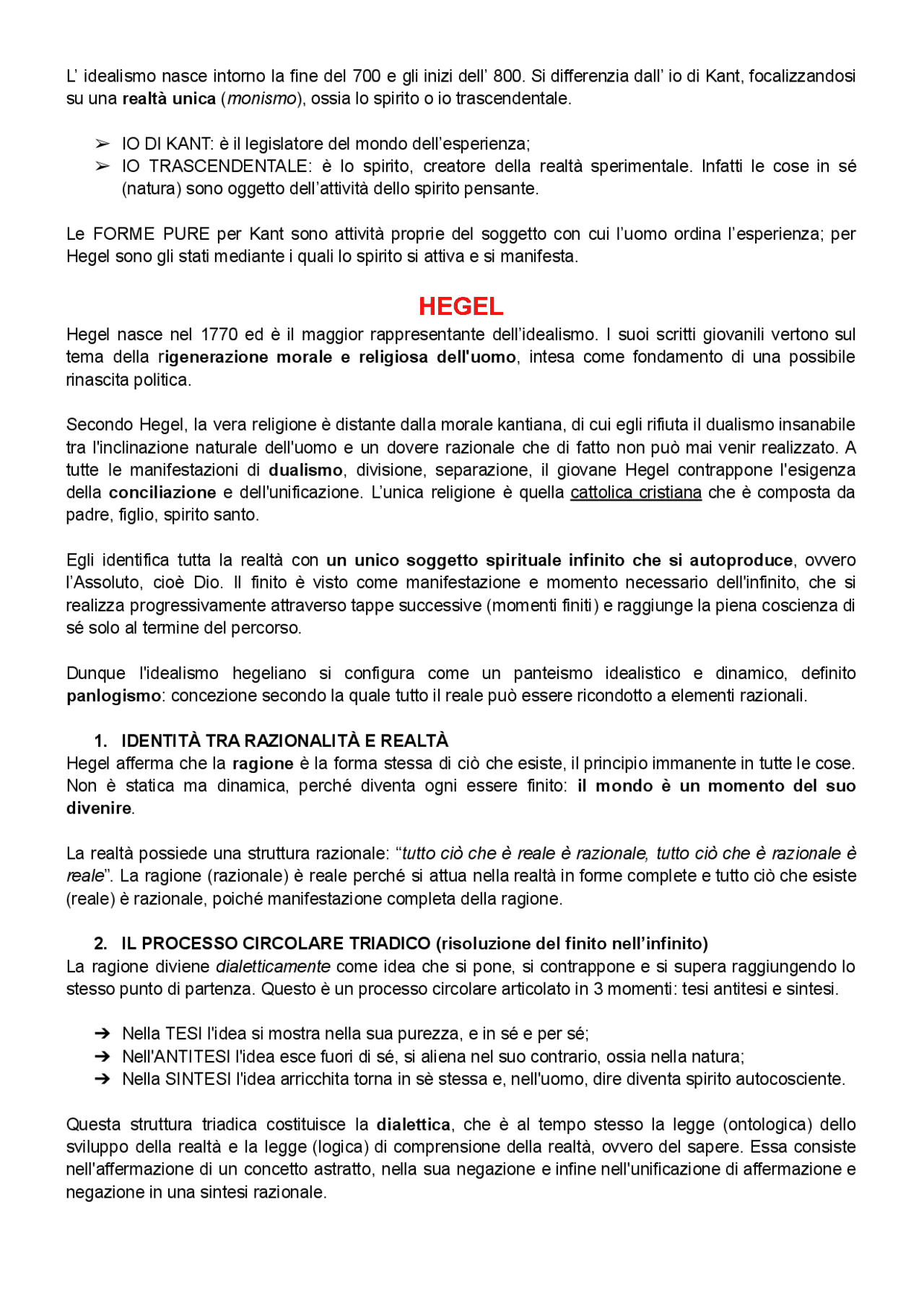 HEGEL: vita e pensiero, sintesi breve | Dispense di Filosofia | Docsity