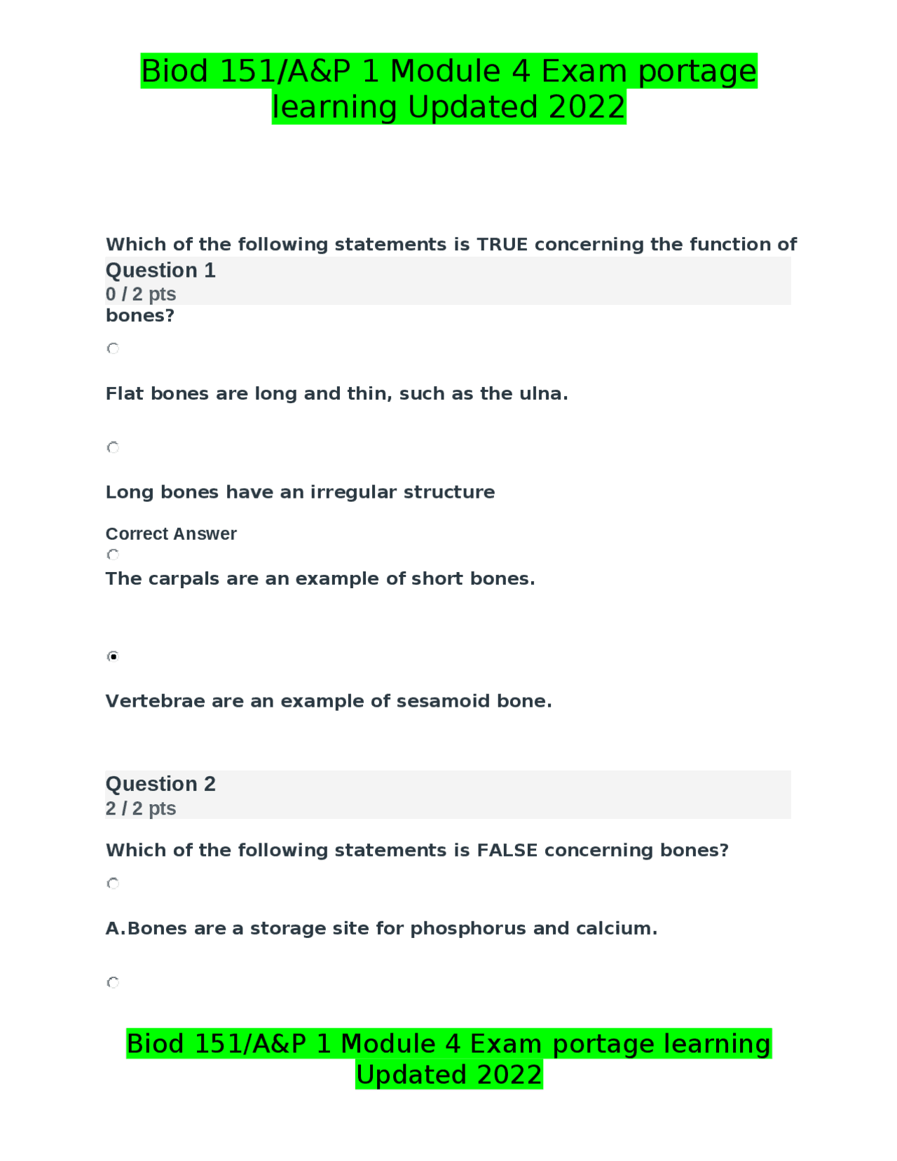 Biod 151/A&P 1 Module 4 Exam portage learning Updated 2022 | Exams ...