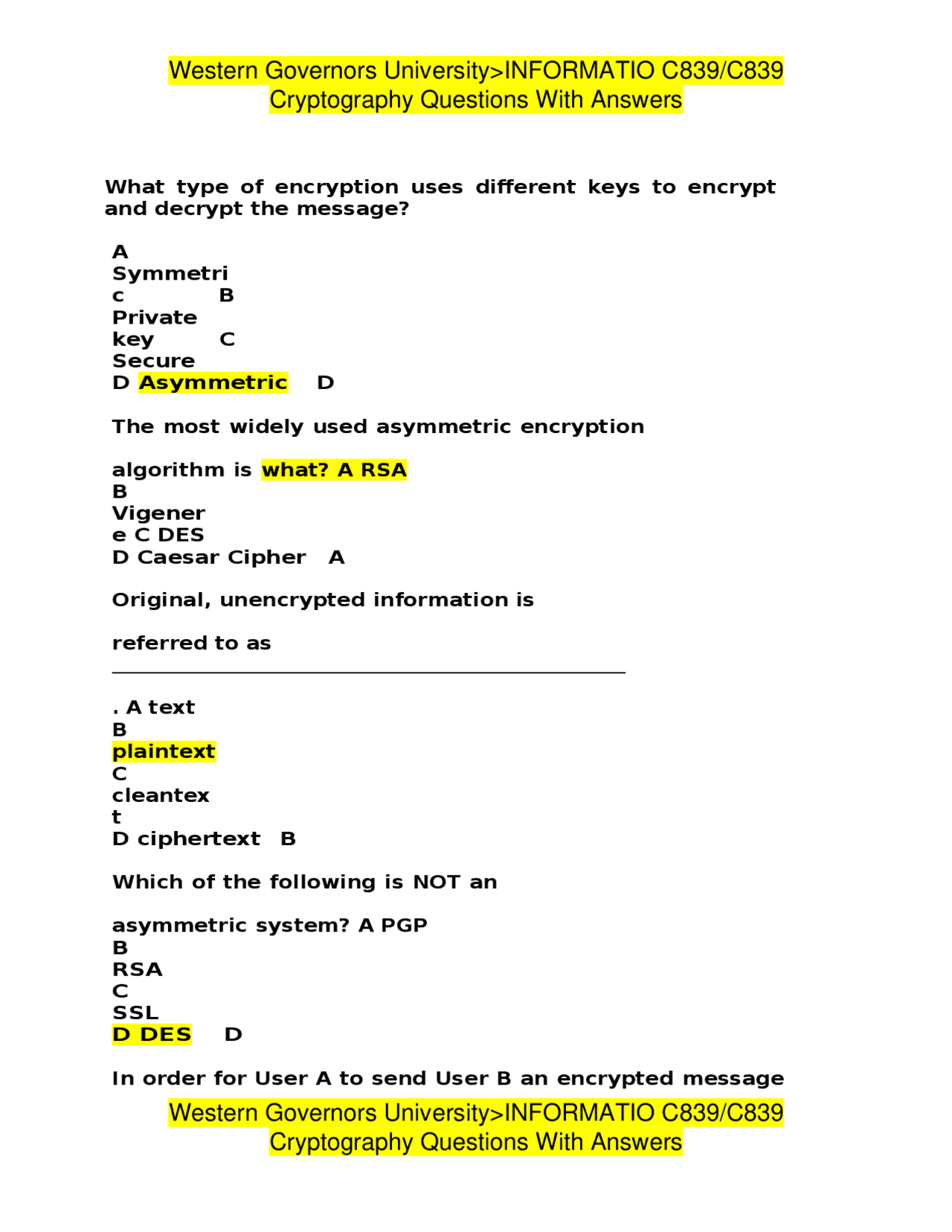 Western Governors Universityinformatio C839c839 Cryptography Questions With Answers Exams 