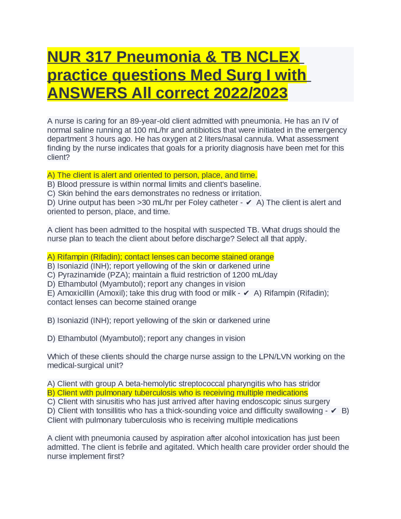 NUR 317 Pneumonia & TB NCLEX practice questions Med Surg I with ANSWERS ...