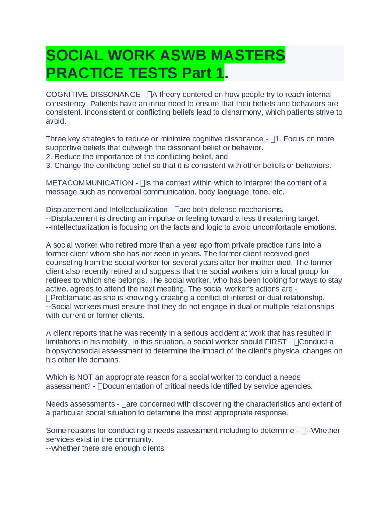 SOCIAL WORK ASWB MASTERS PRACTICE TESTS Part 1 | Exams Nursing | Docsity