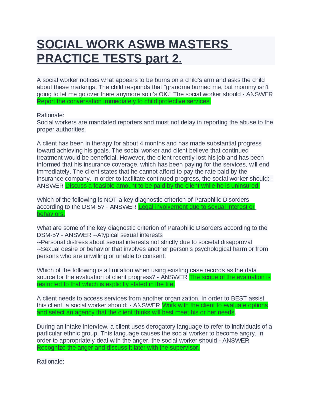 SOCIAL WORK ASWB MASTERS PRACTICE TESTS part 2 - | Exams Nursing | Docsity