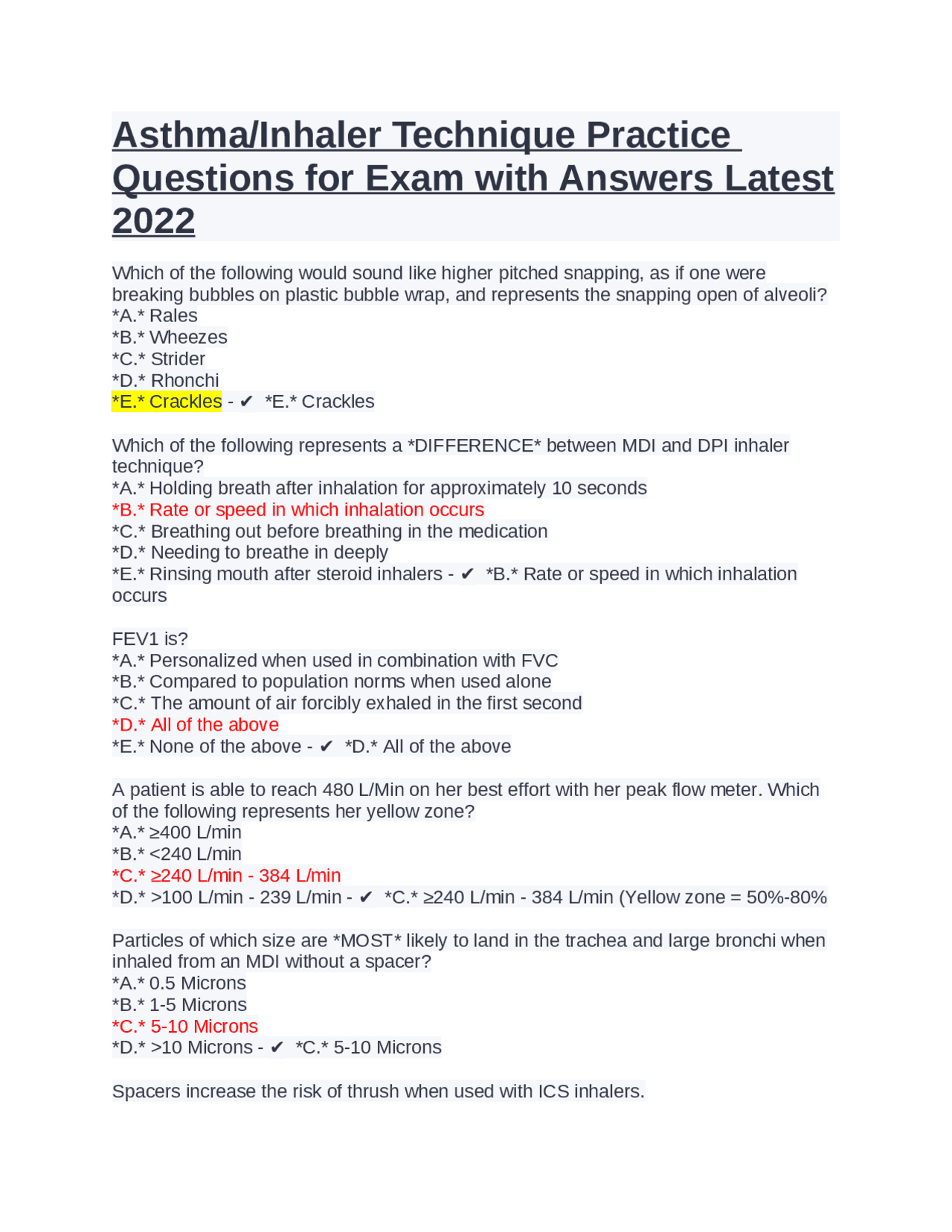 Asthmainhaler Technique Practice Questions For Exam With Answers