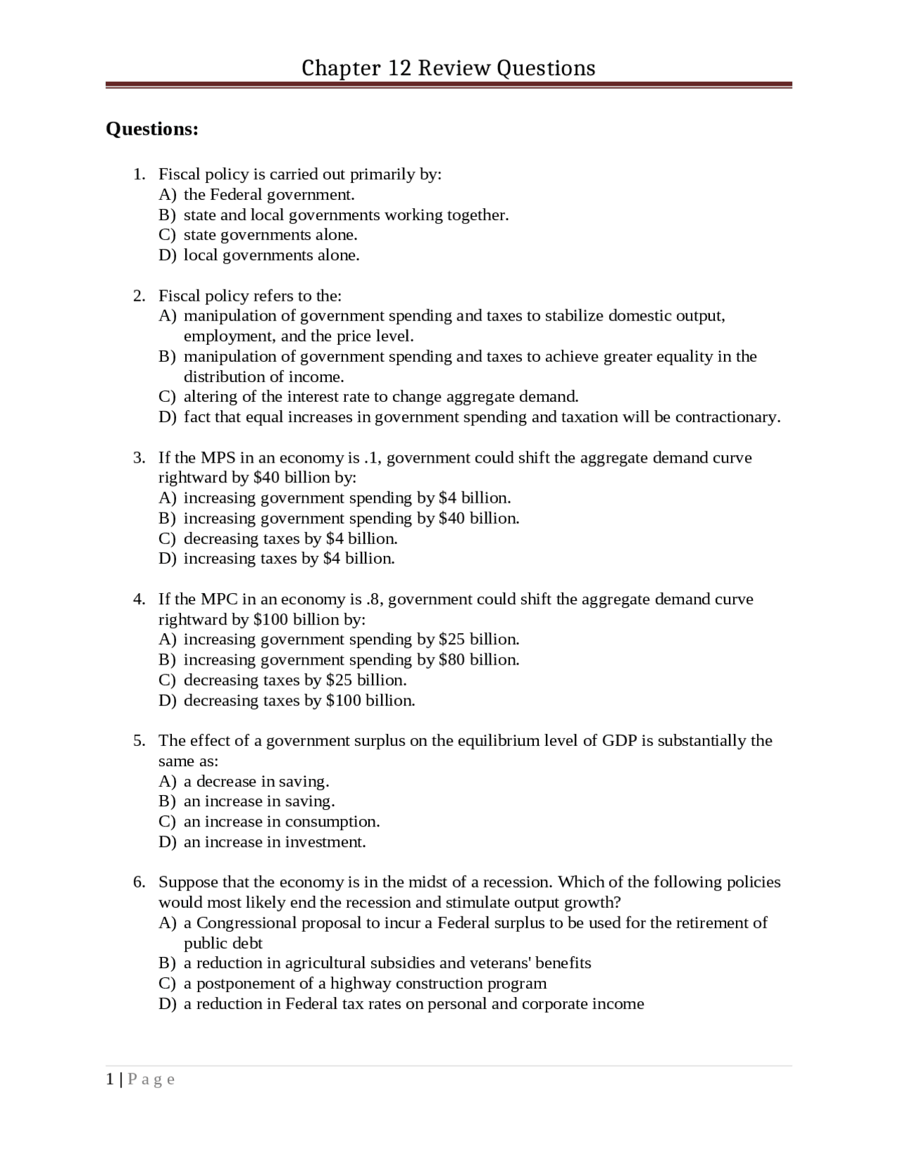 Chapter 12 Review Questions on Fiscal Policy | Exams Economic Theory ...