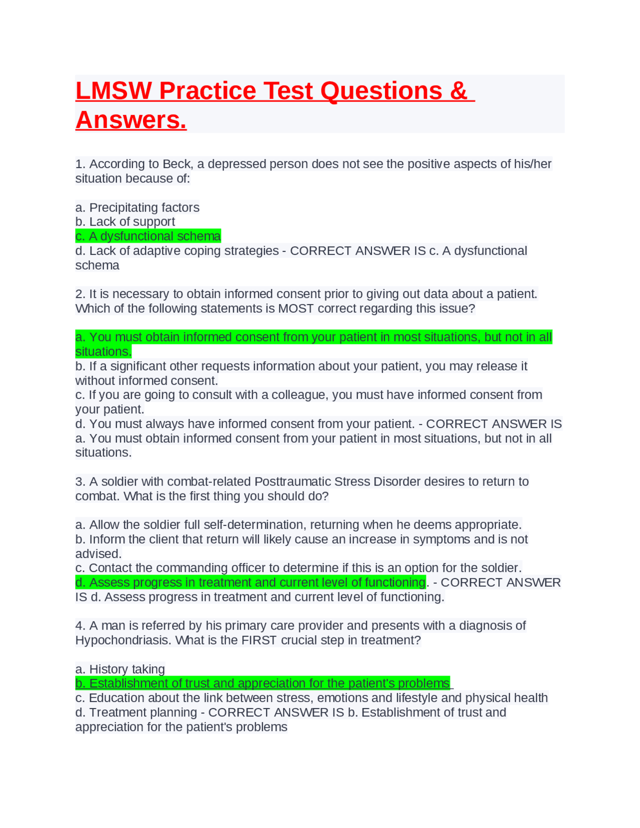 LMSW Practice Test Questions & Answers | Exams Nursing | Docsity