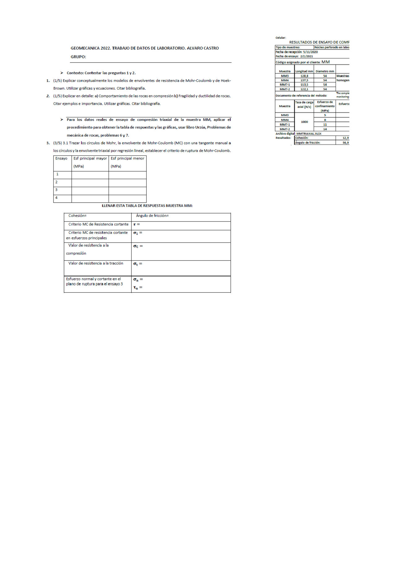 Solución Laboratorio ensayo Triaxial | Ejercicios de Geología | Docsity