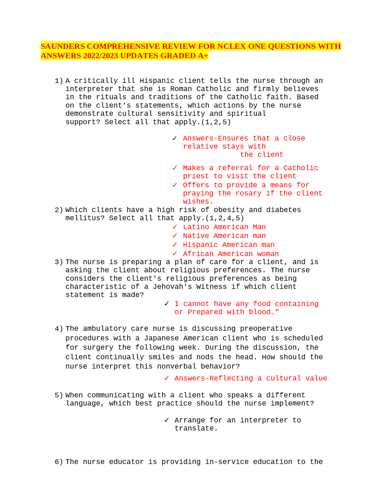 SAUNDERS COMPREHENSIVE REVIEW FOR NCLEX ONE QUESTIONS WITH ANSWERS 2022 ...