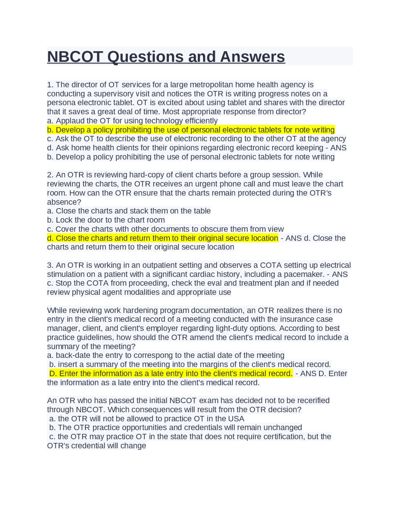 NBCOT Questions and Answers | Exams Nursing | Docsity