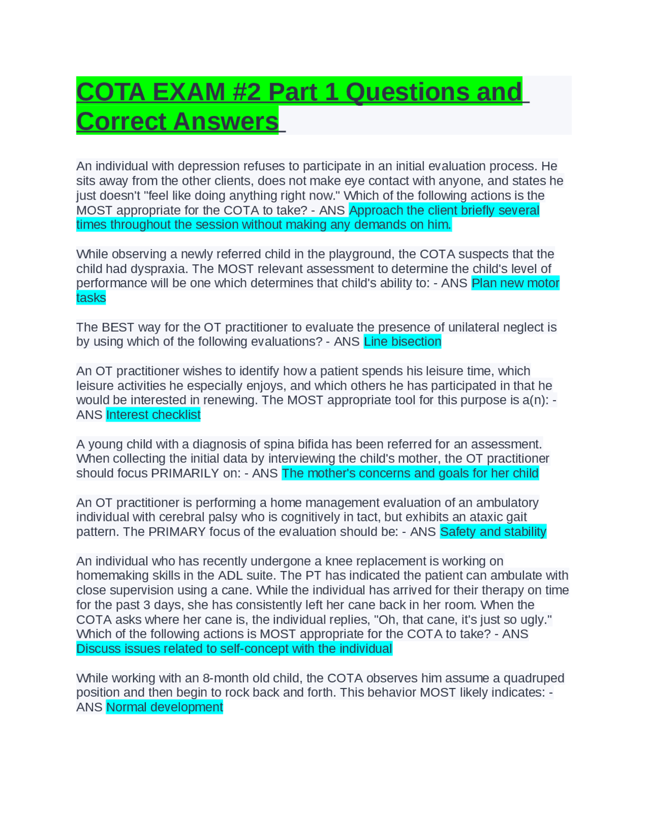 COTA EXAM #2 Part 1 Questions and Correct Answers | Exams Nursing | Docsity